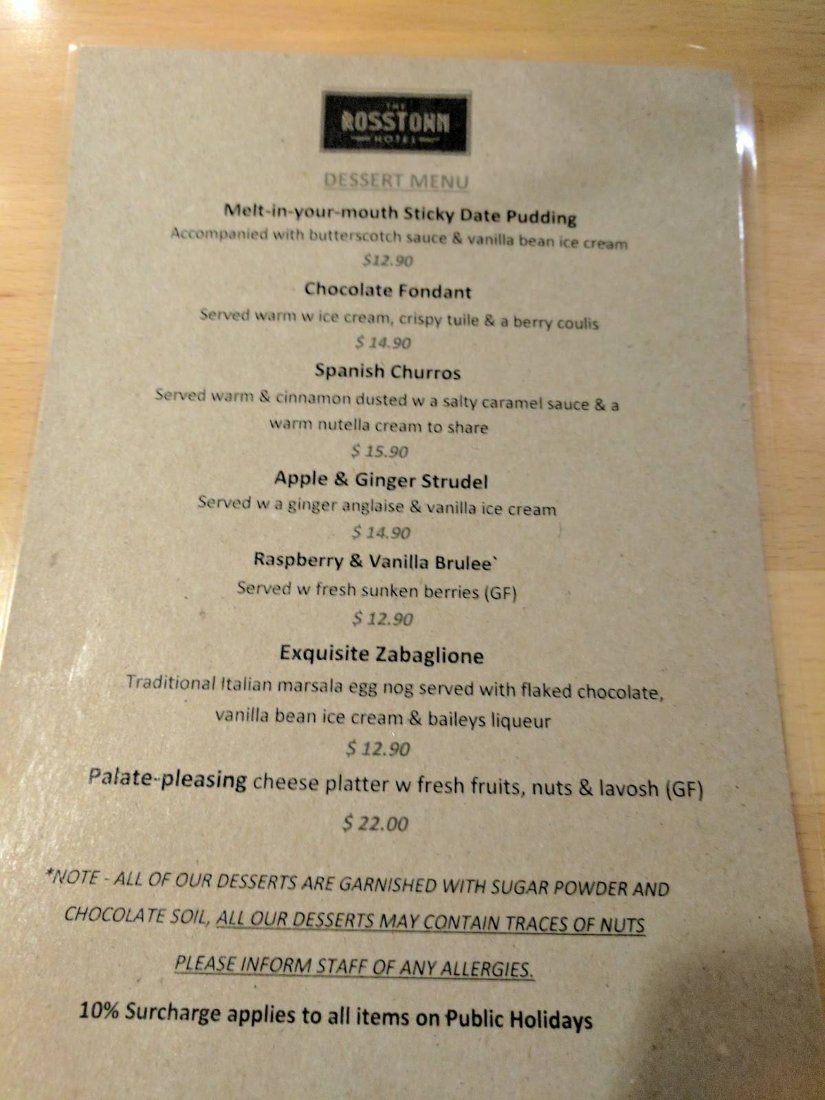 Menu at Rosstown Hotel restaurant, Carnegie
