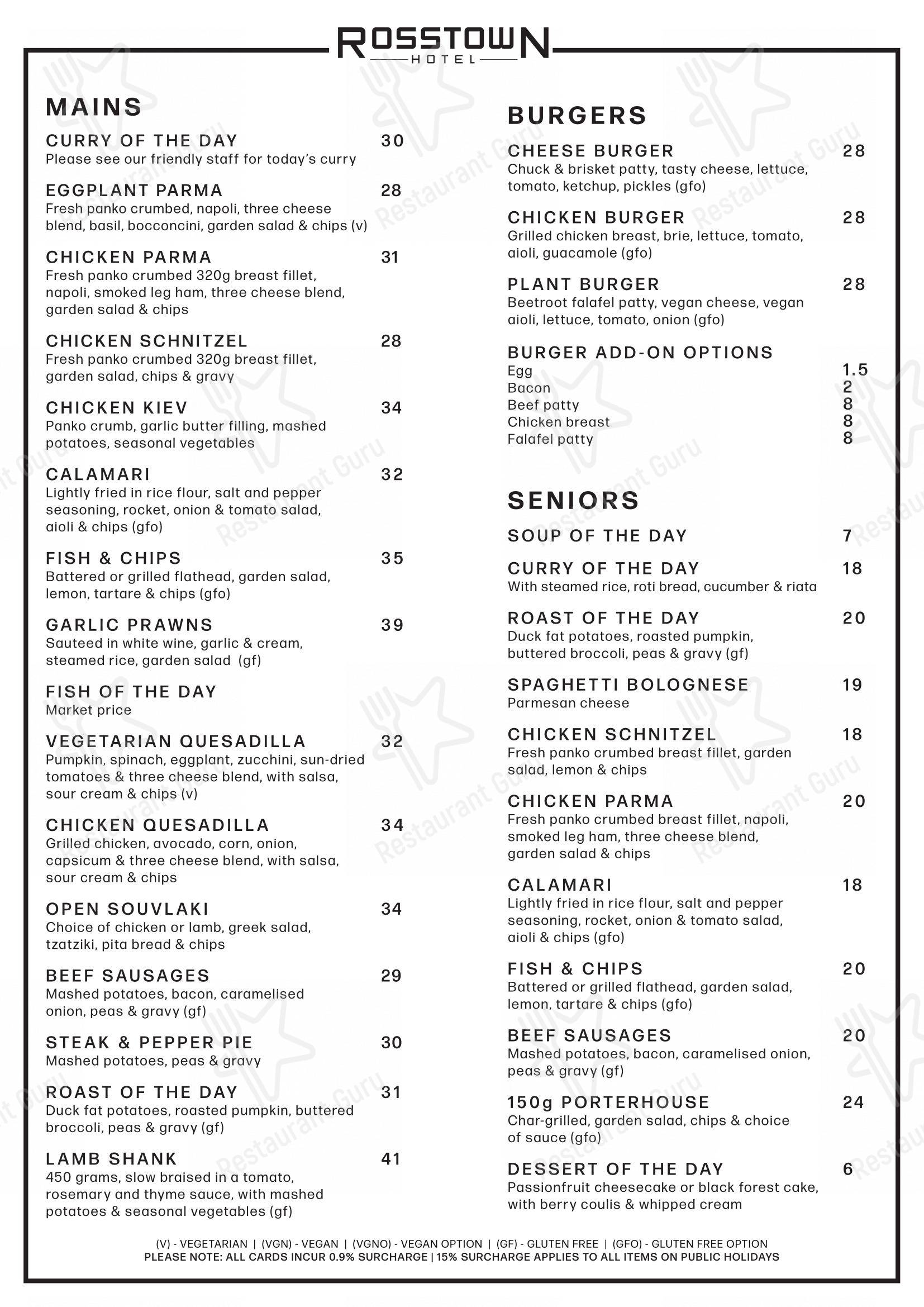 Menu at Rosstown Hotel restaurant, Carnegie