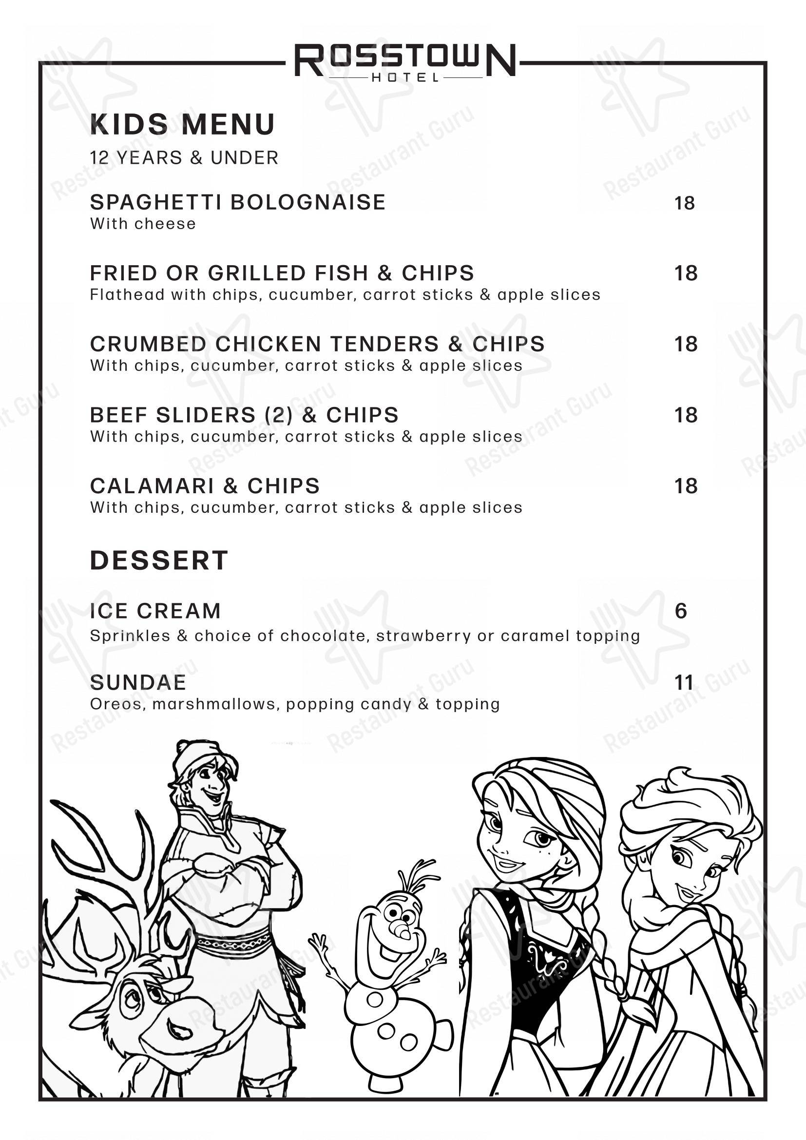 Menu at Rosstown Hotel restaurant, Carnegie