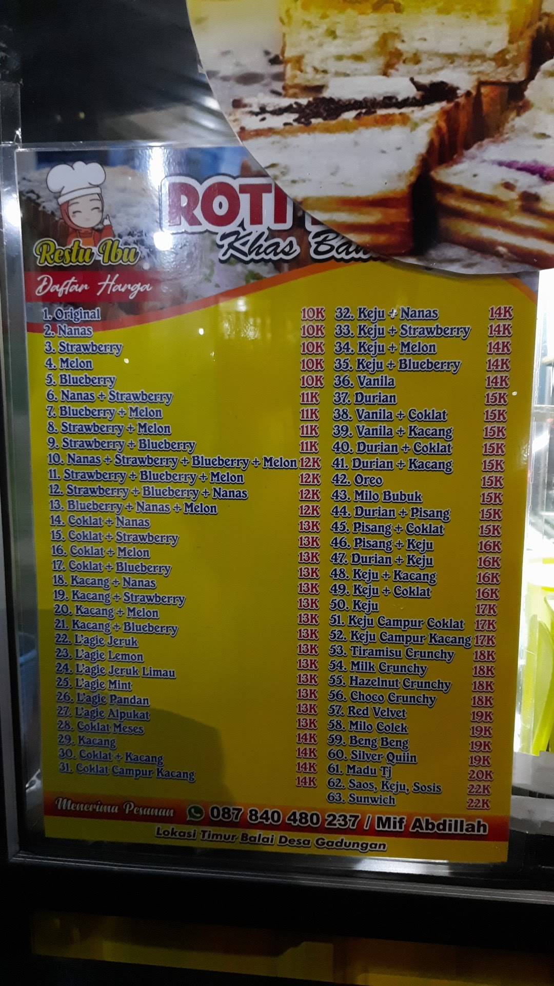 Menu at Roti Bakar Restu Ibu, Tertek