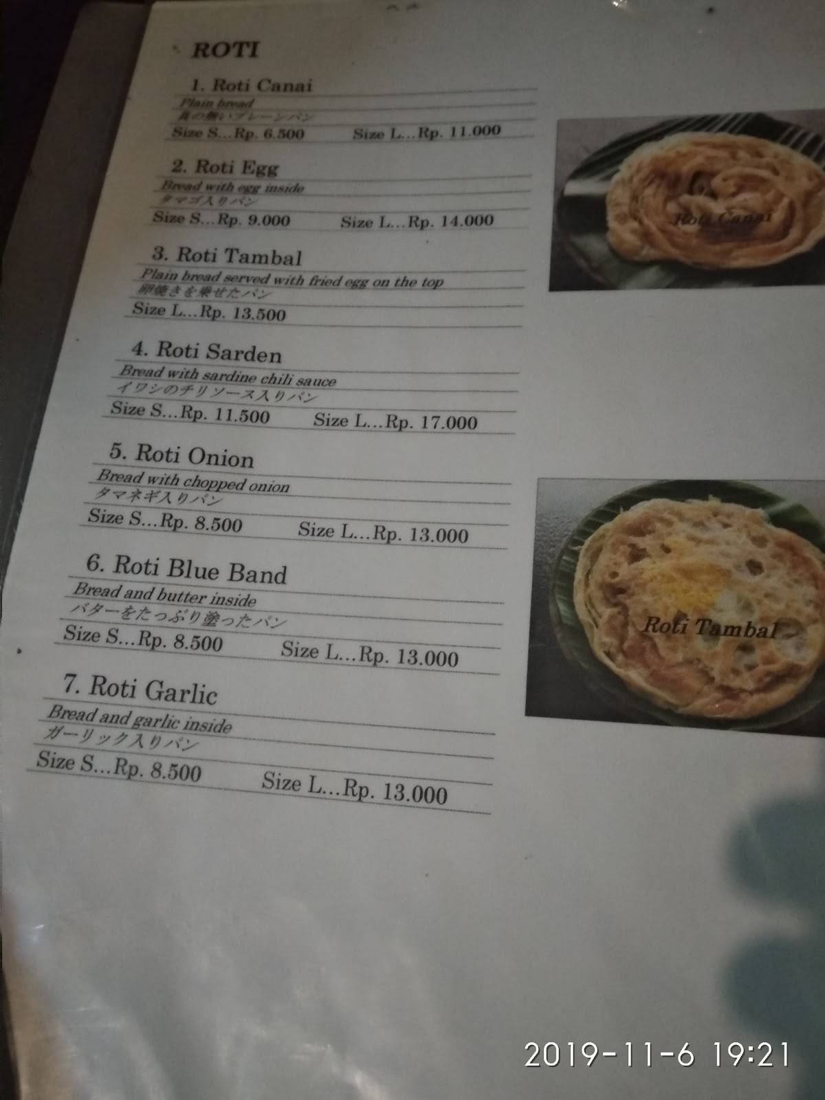 Menu at Roti Canai & Teh Tarik Warung Bunana cafe, Kuta Selatan, Jl ...