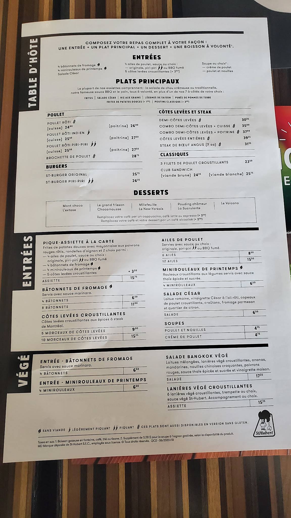 Menu au Restaurant et bar St-Hubert, Sorel-Tracy, 381 Bd Fiset