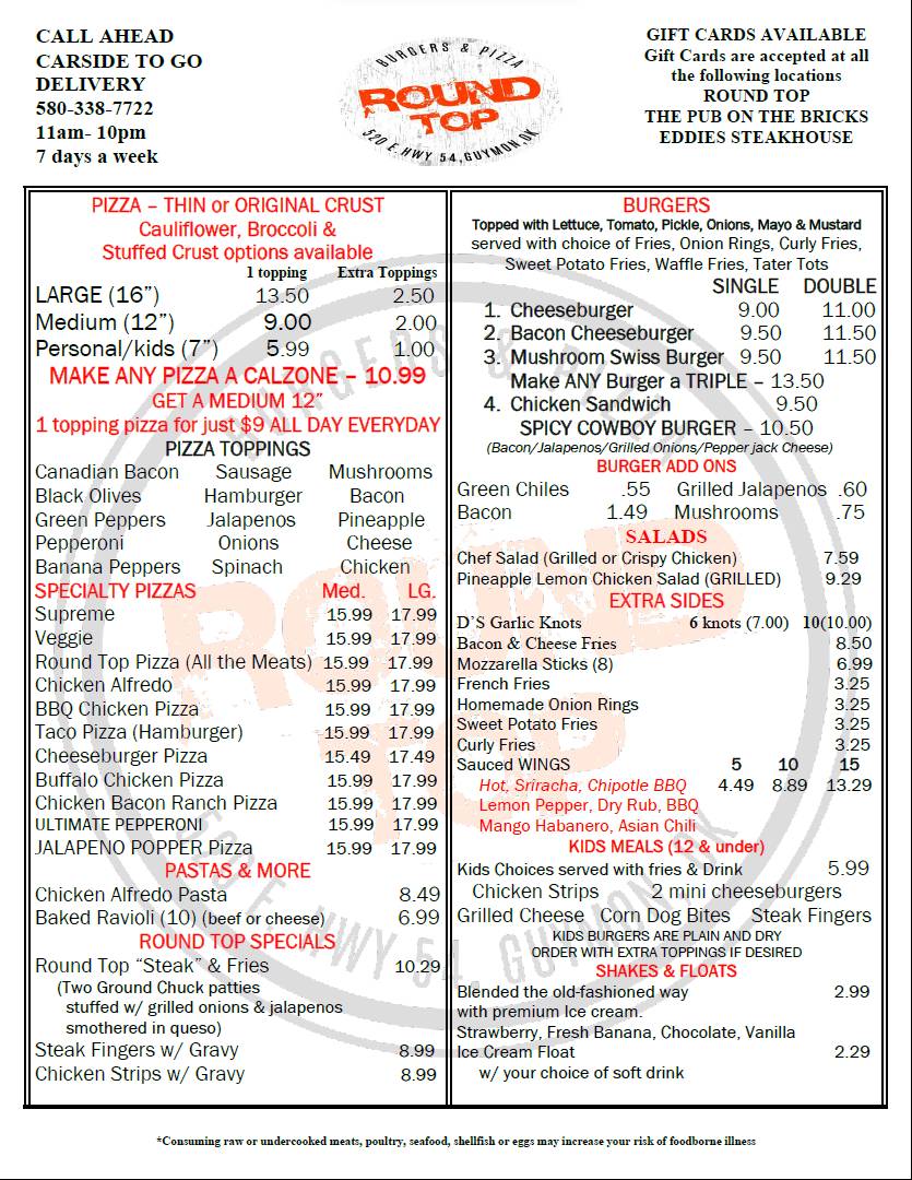 Menu at Round Top Burgers & Pizza pizzeria, Guymon