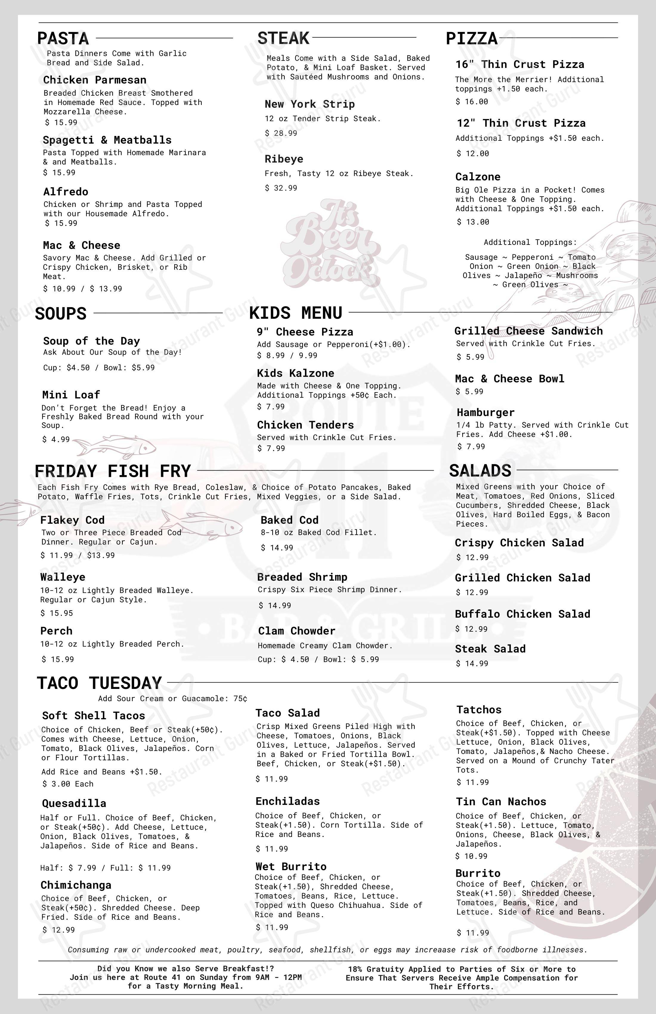 Menu at Route 41 Bar & Grill, Oak Creek