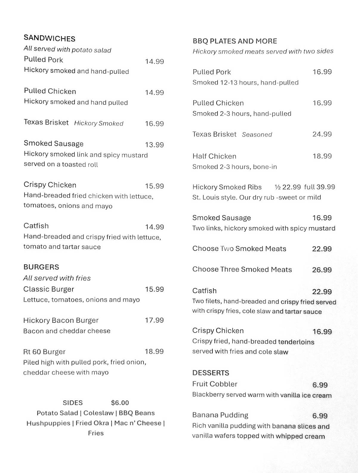 Menu at Route 60 Barbeque Market, Williamsburg