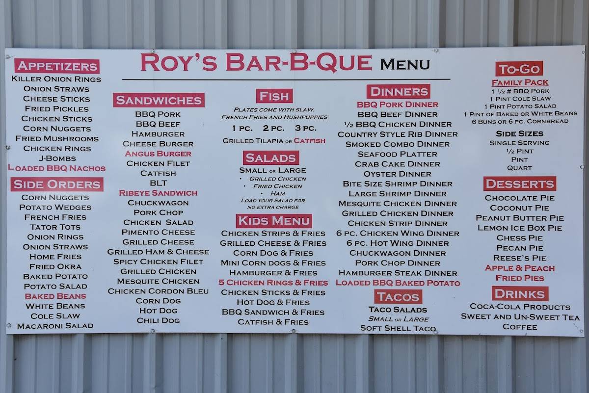 Menu at Roy's Bar-B-Que, Russellville