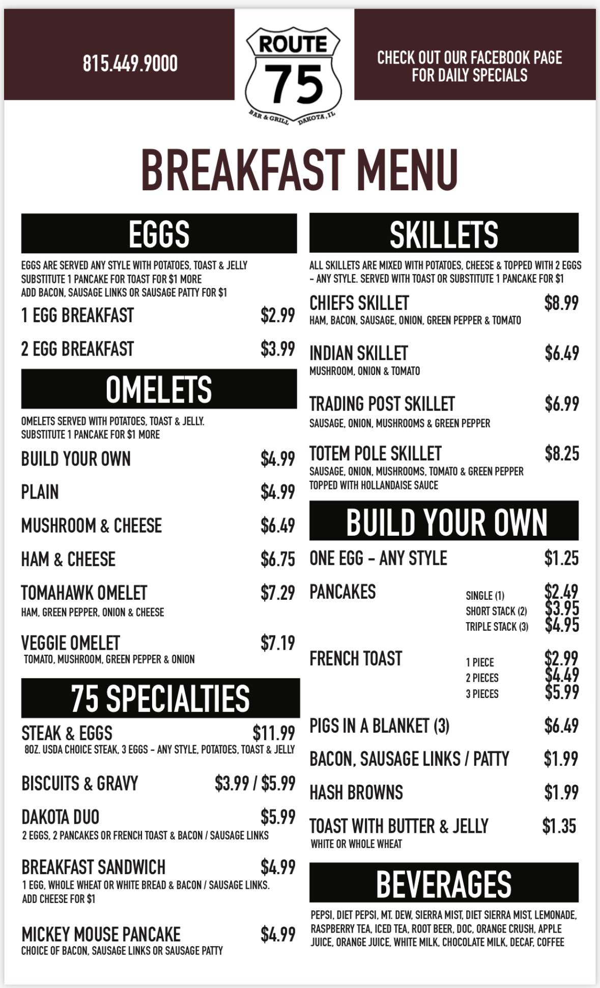 Menu at Rt 75 Bar And Grill, Dakota