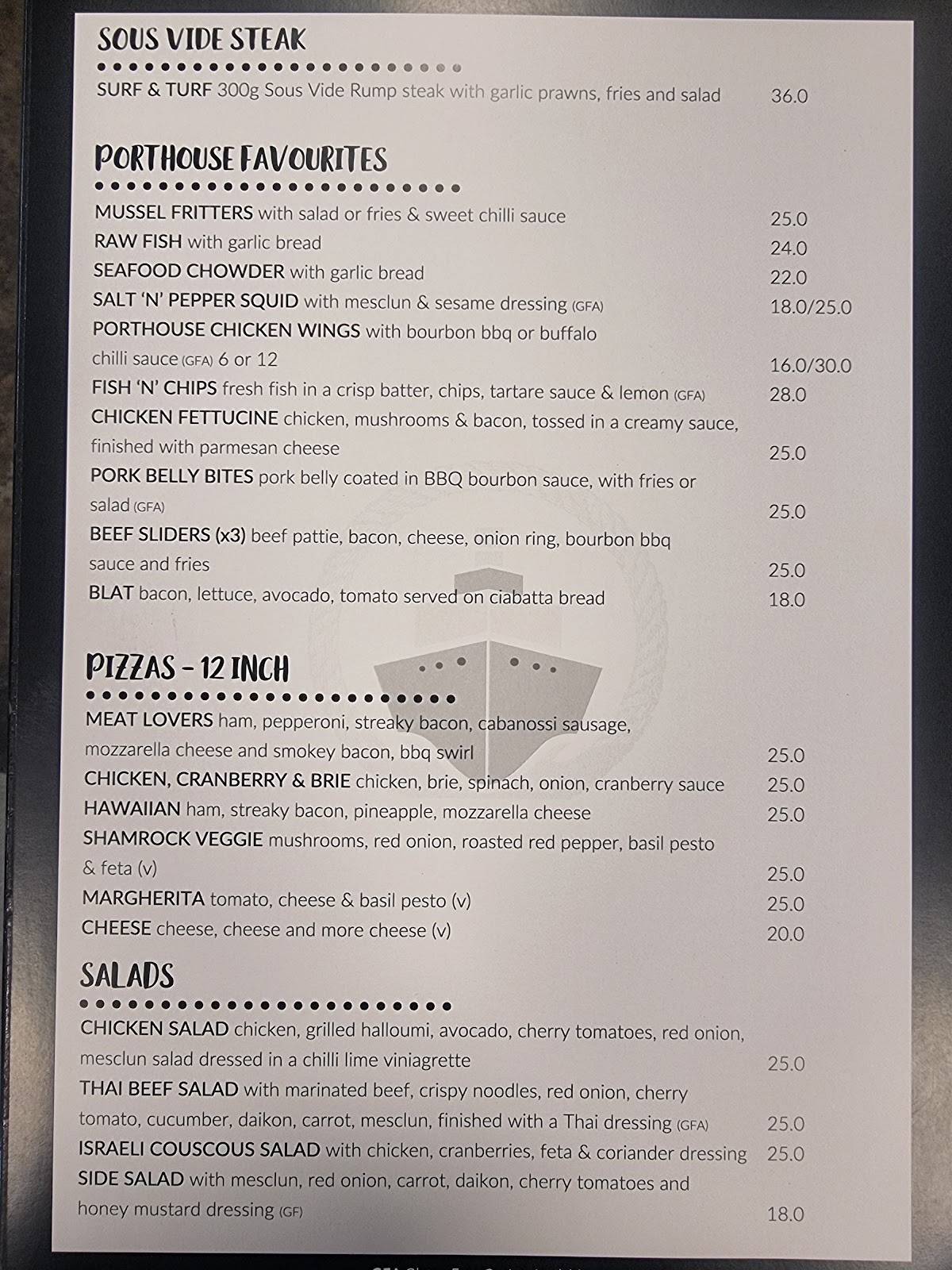Menu at Porthouse Bar and Eatery, Ruakaka