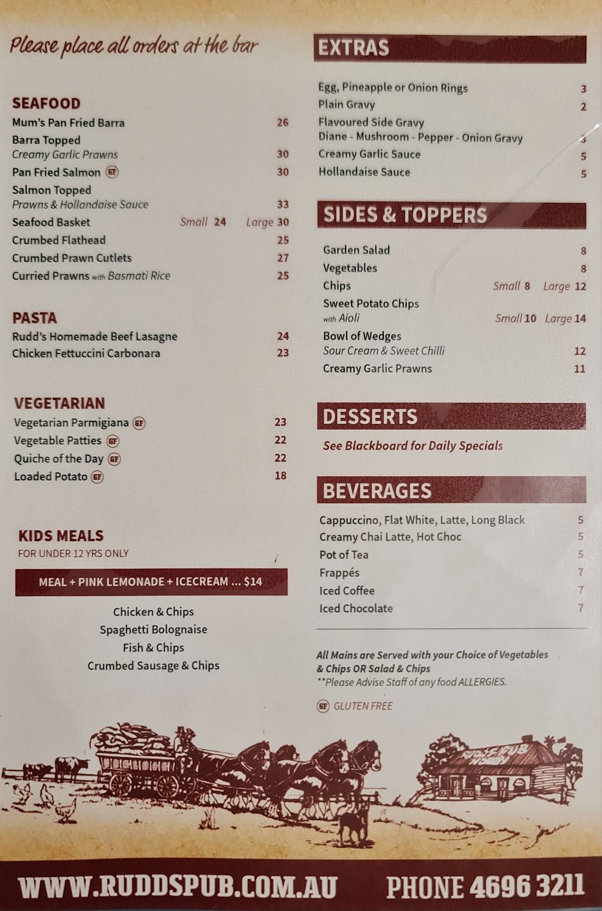 Menu at Rudd's Pub, Nobby