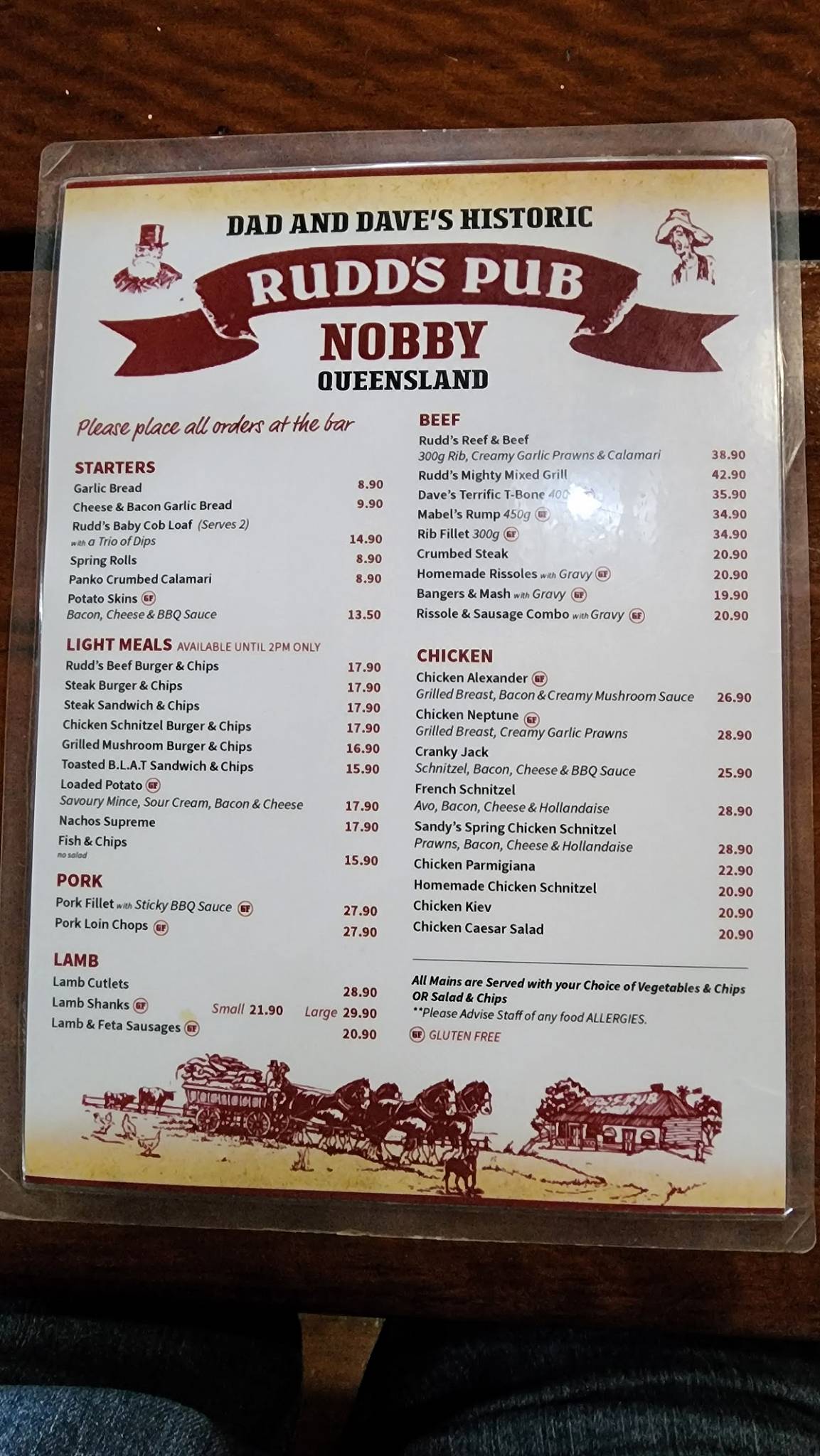 Menu at Rudd's Pub, Nobby