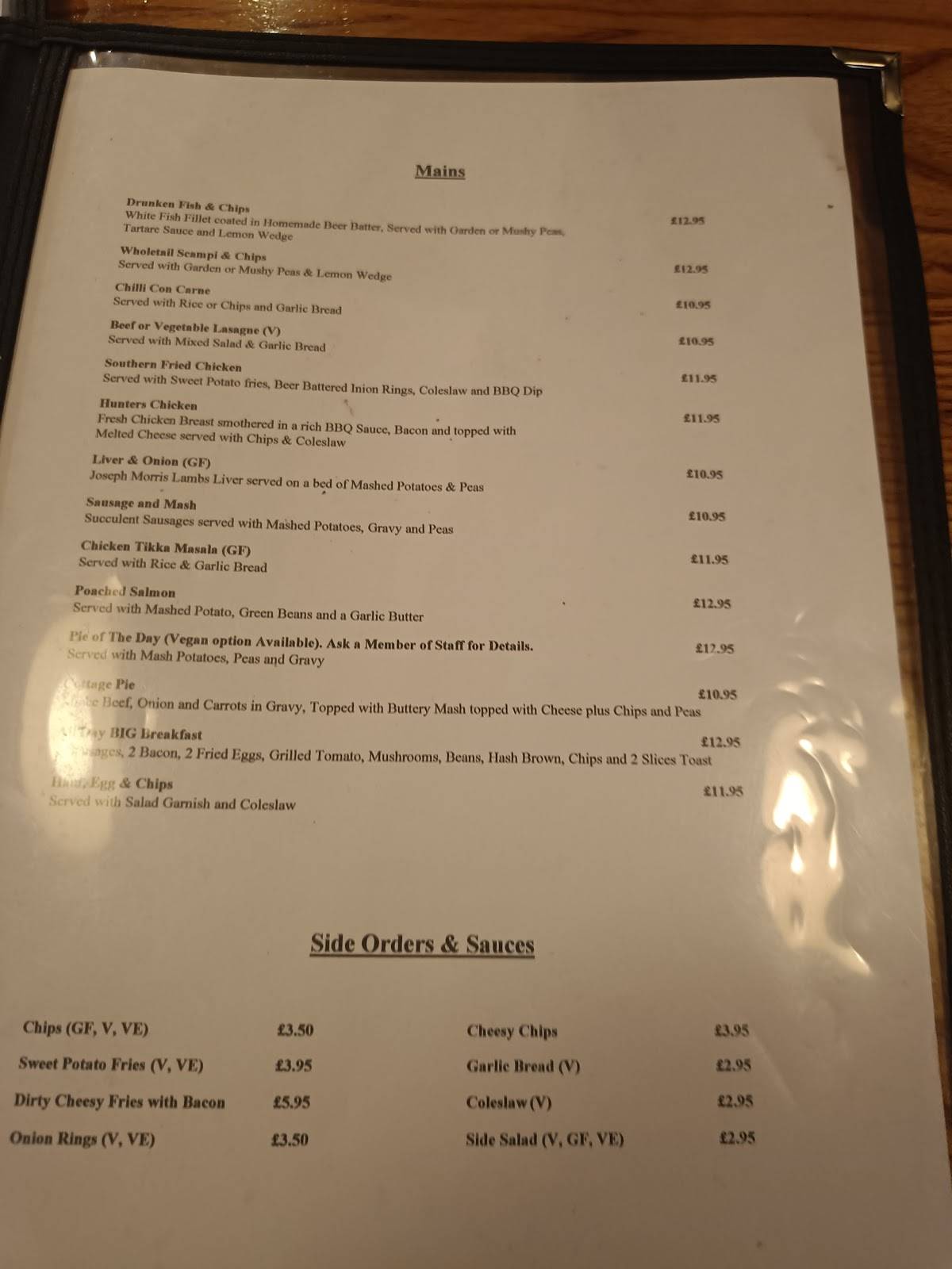 Menu at Barley Mow, Rugby