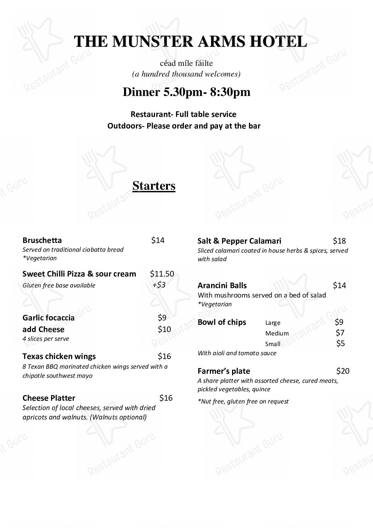 Menu at The Munster Arms Hotel pub & bar, Bakery Hill