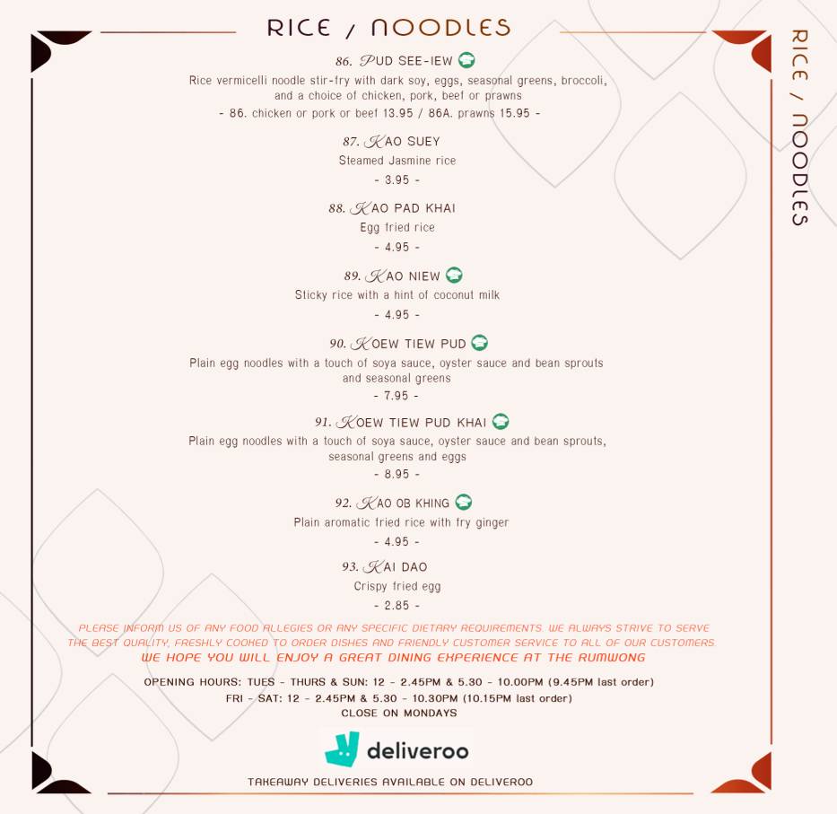 Menu at Rumwong Thai Restaurant, Guildford