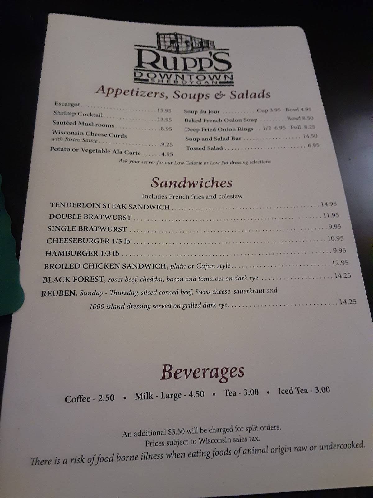 Menu at Rupp's Downtown club, Sheboygan
