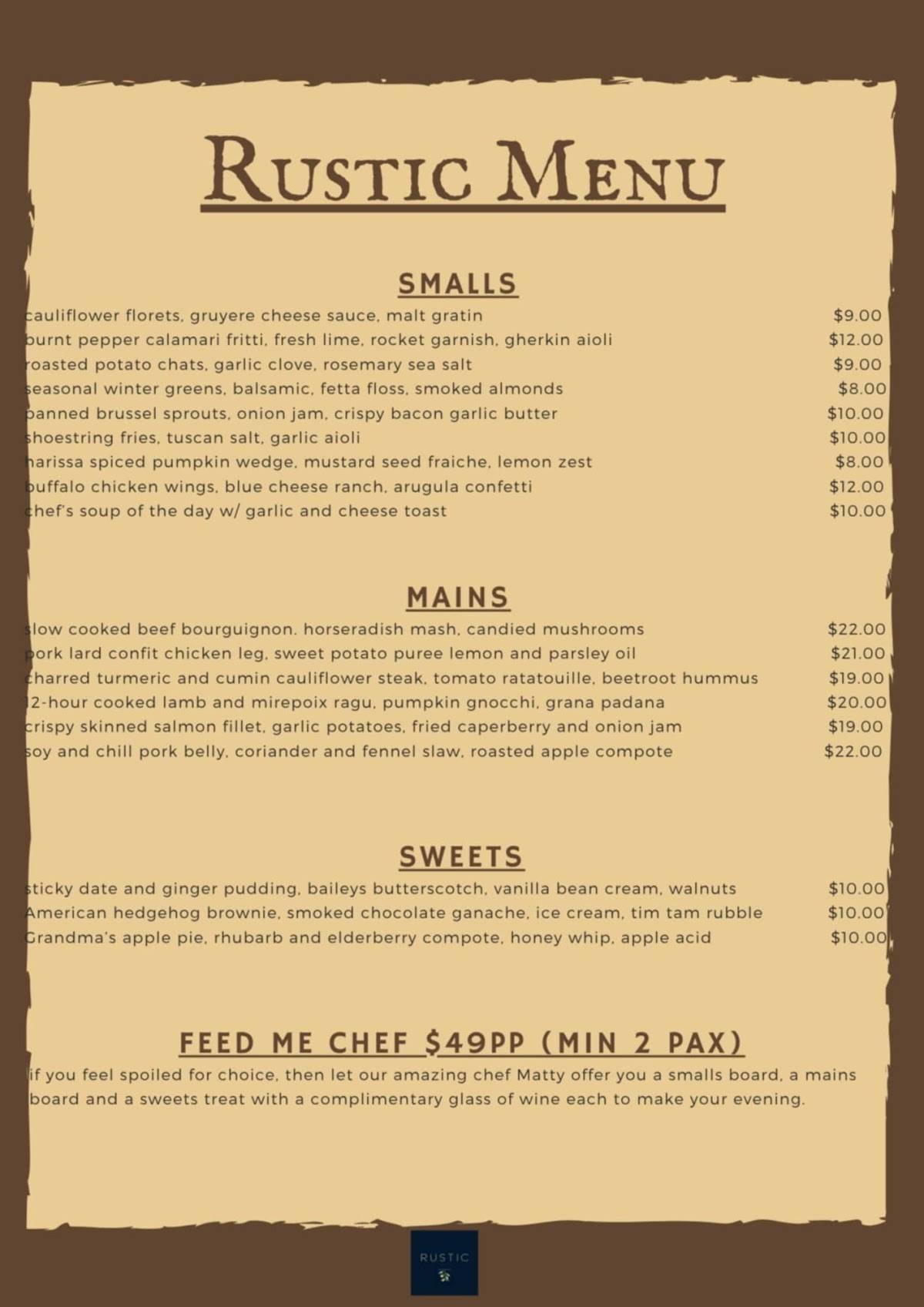 Menu at Rustic Restaurant, Belgrave