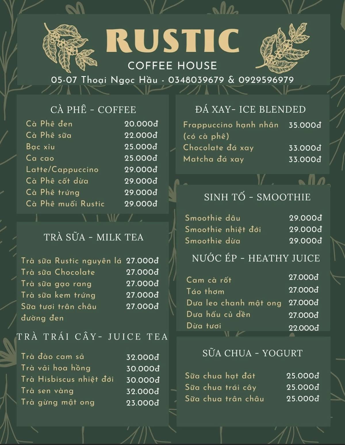 Carta de Rustic coffee house, Ninh Hòa