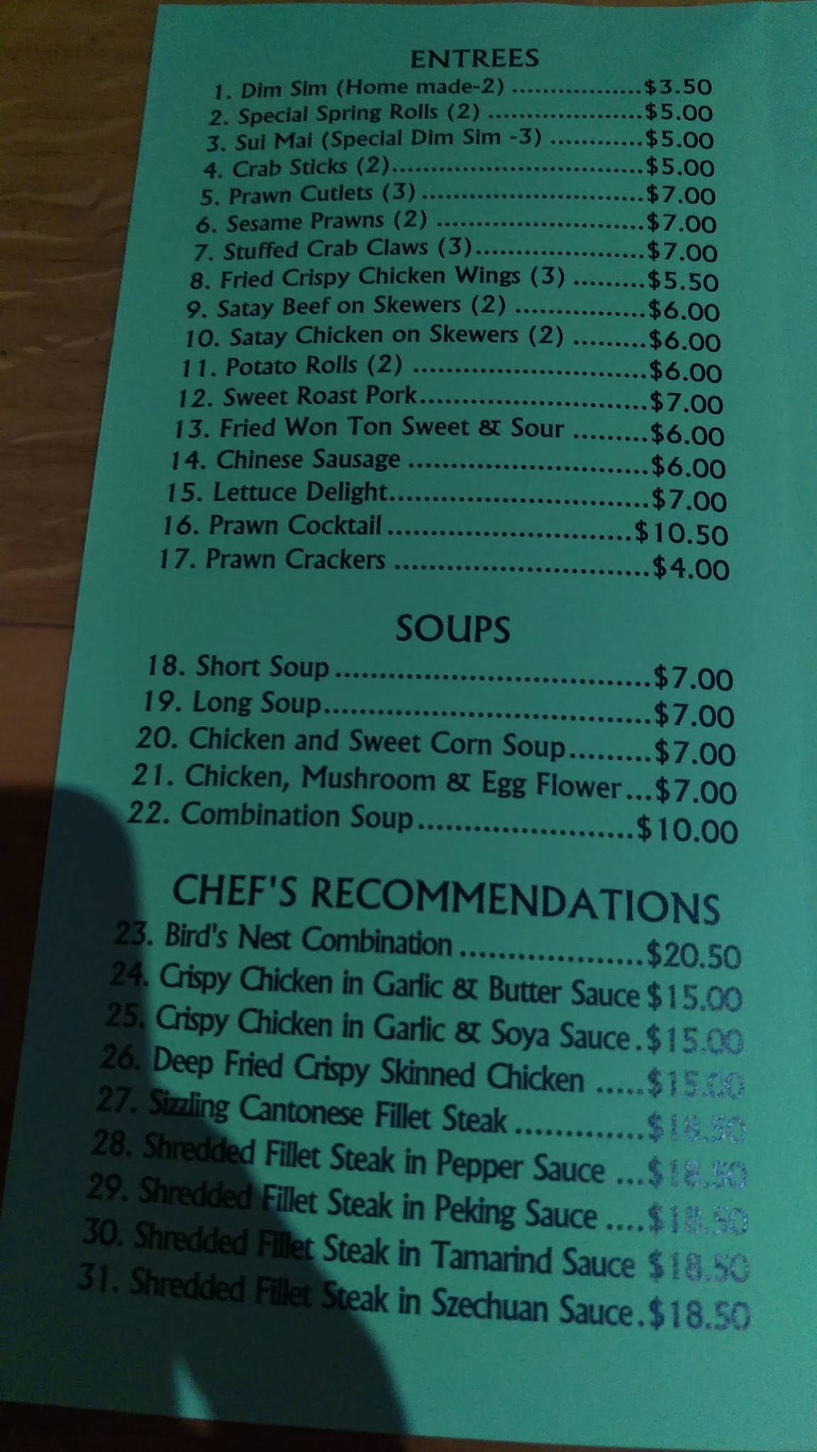 Menu at Rutherglen Eastern Palace Chinese restaurant, Rutherglen