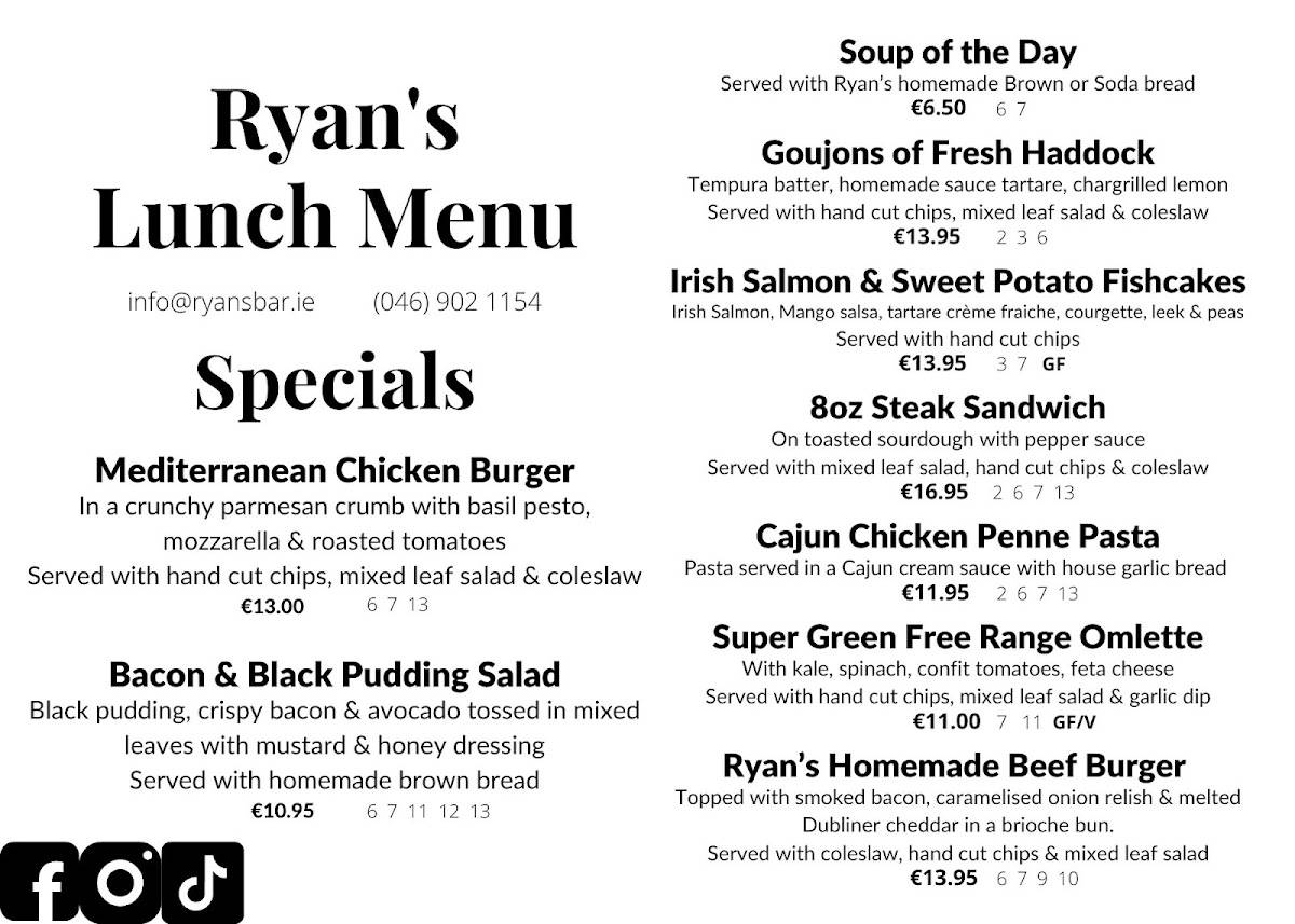 Menu at Ryan's Bar, Navan