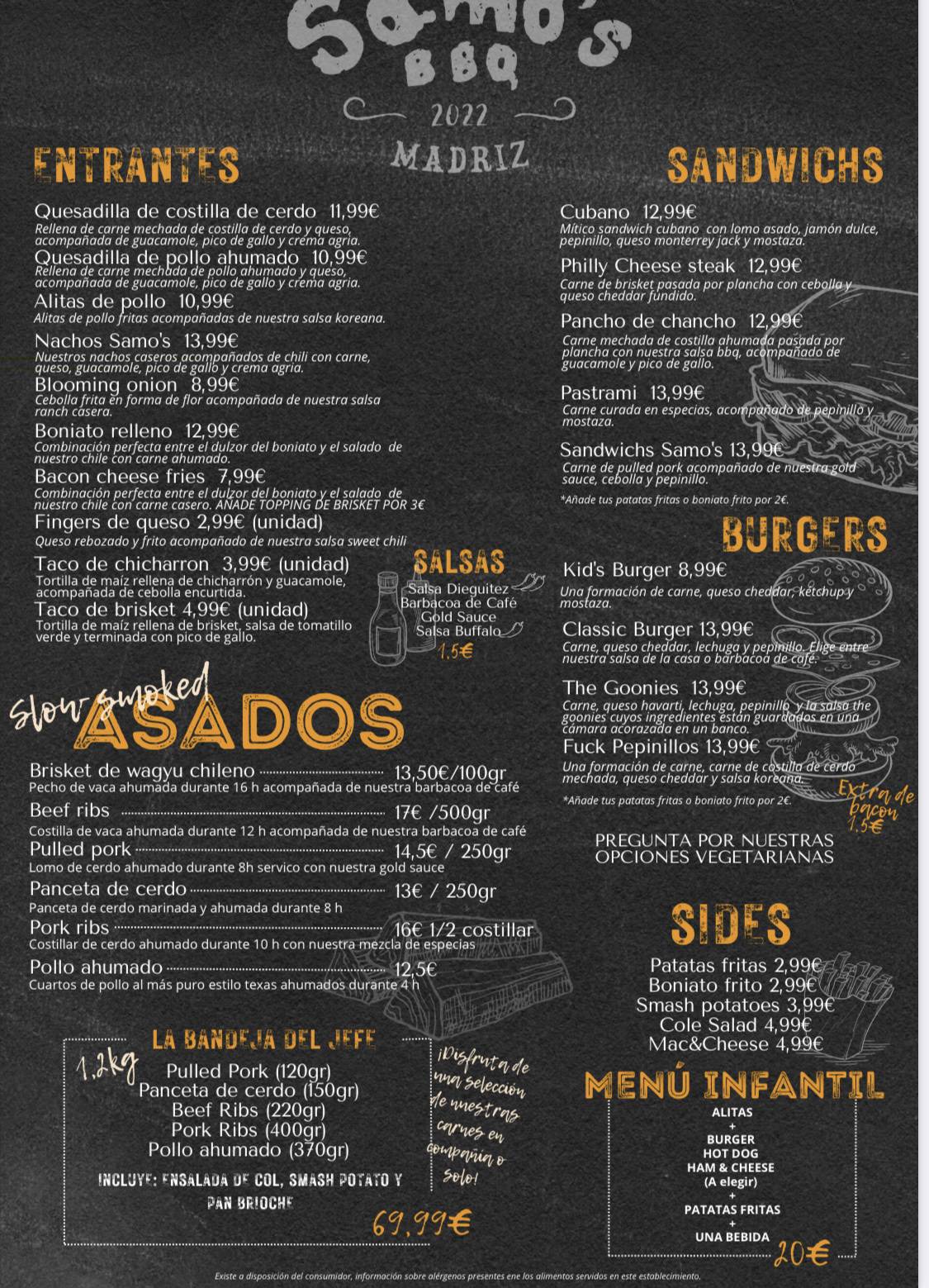 Carta de SAMO'S BBQ, Madrid, Av. de Alfonso XIII