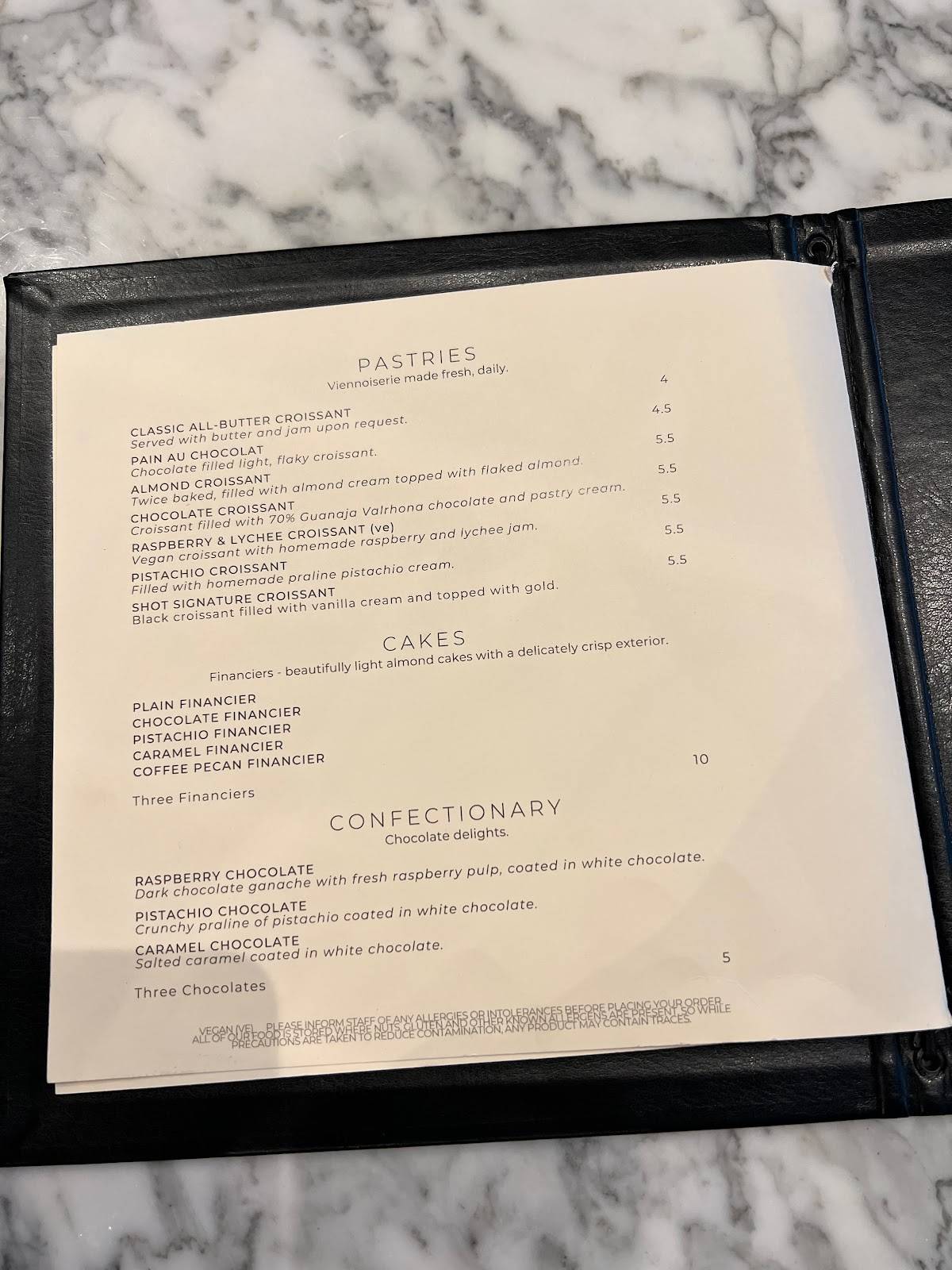 Menu at SHOT London - Mayfair cafe, London, 10A Berkeley St
