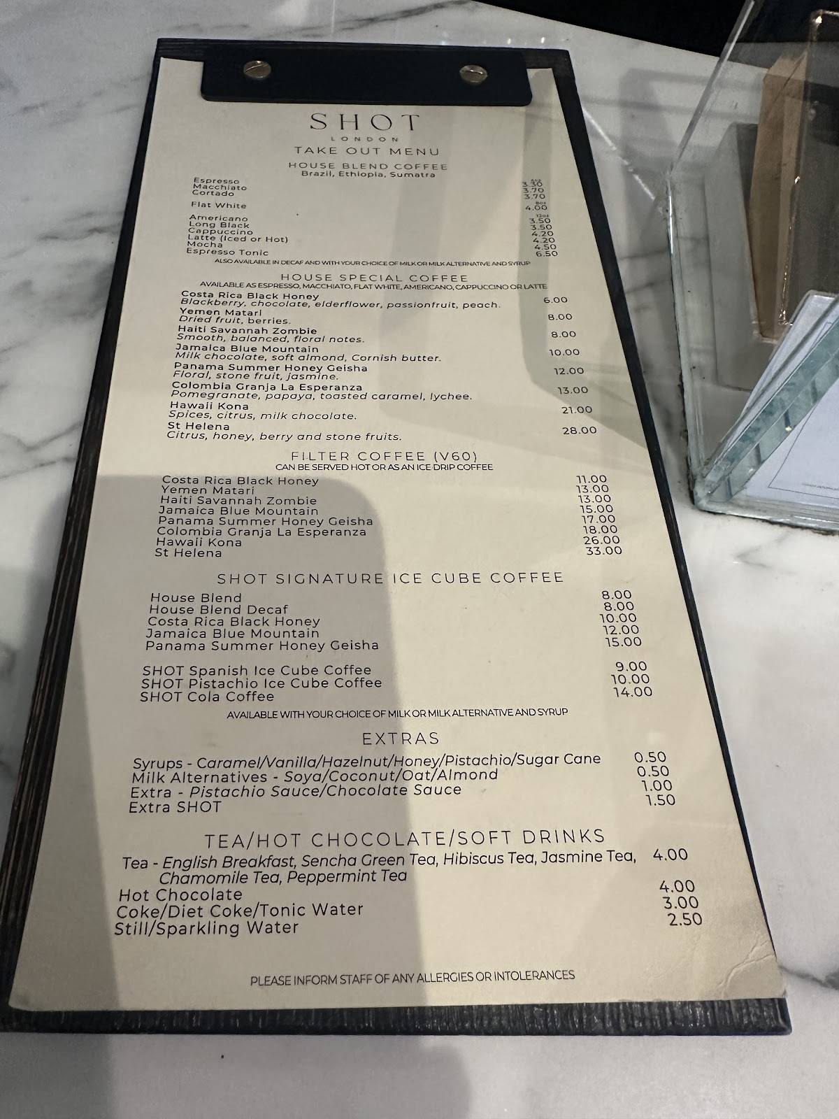 Menu at SHOT London - Mayfair cafe, London, 10A Berkeley St