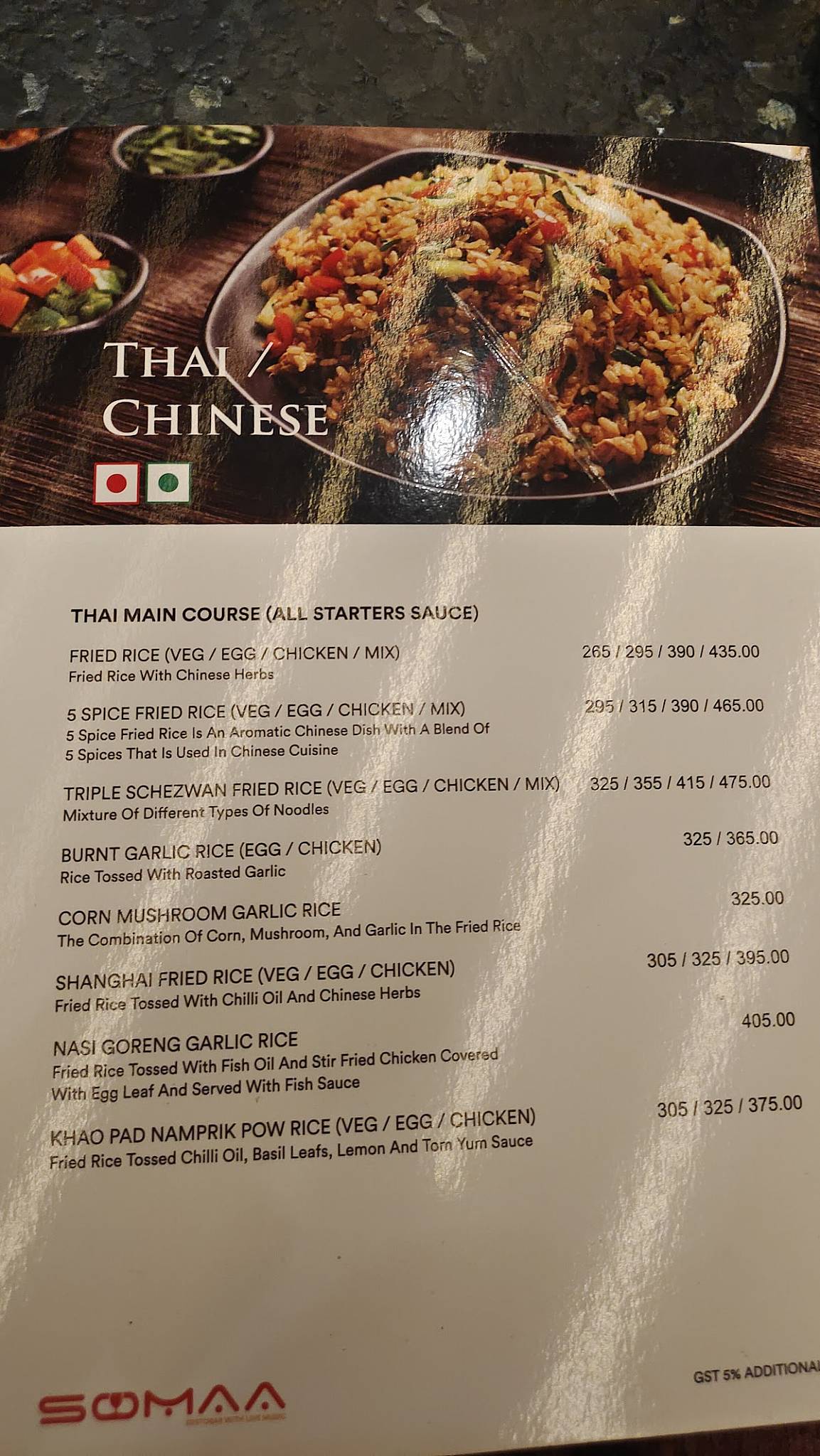 Menu at SOMAA, Siripuram, Visakhapatnam