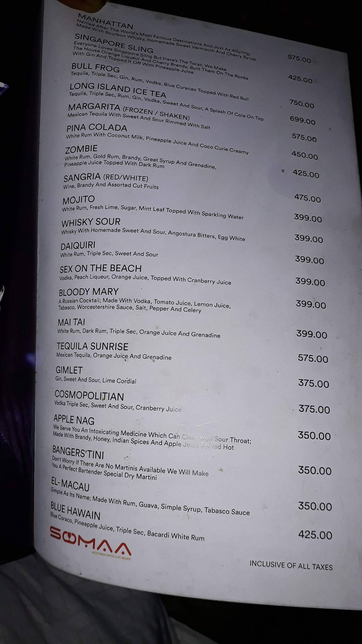 Menu at SOMAA, Siripuram, Visakhapatnam