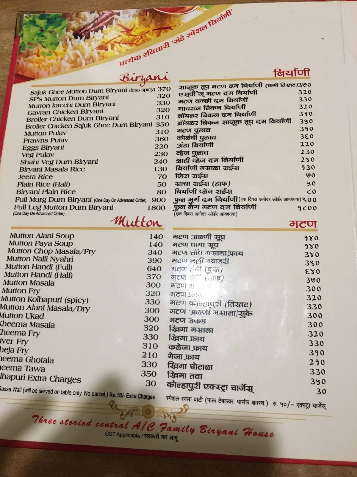 Menu at SP's Biryani House, Pune