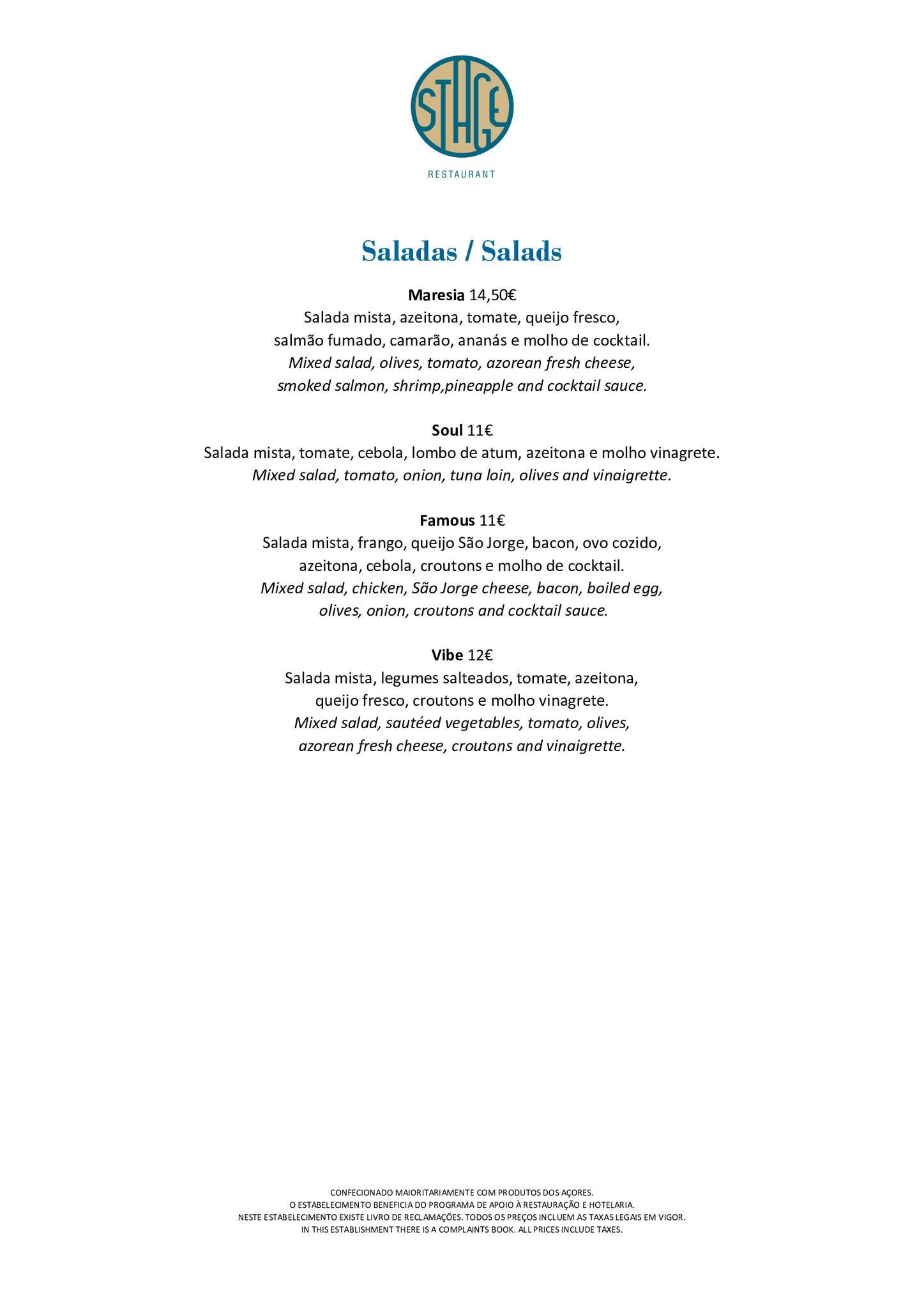 Menu at STAGE Restaurant, Ponta Delgada