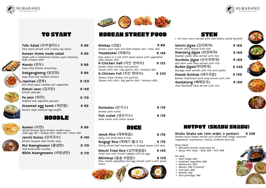 Menu at SURASANG KOREAN BBQ PARKHURST, Randburg