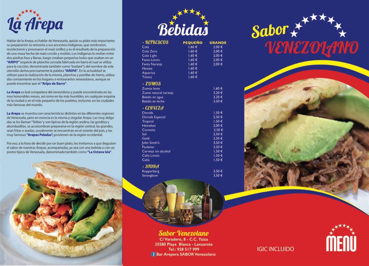 Carta del restaurante Sabor Venezolano, Playa Blanca