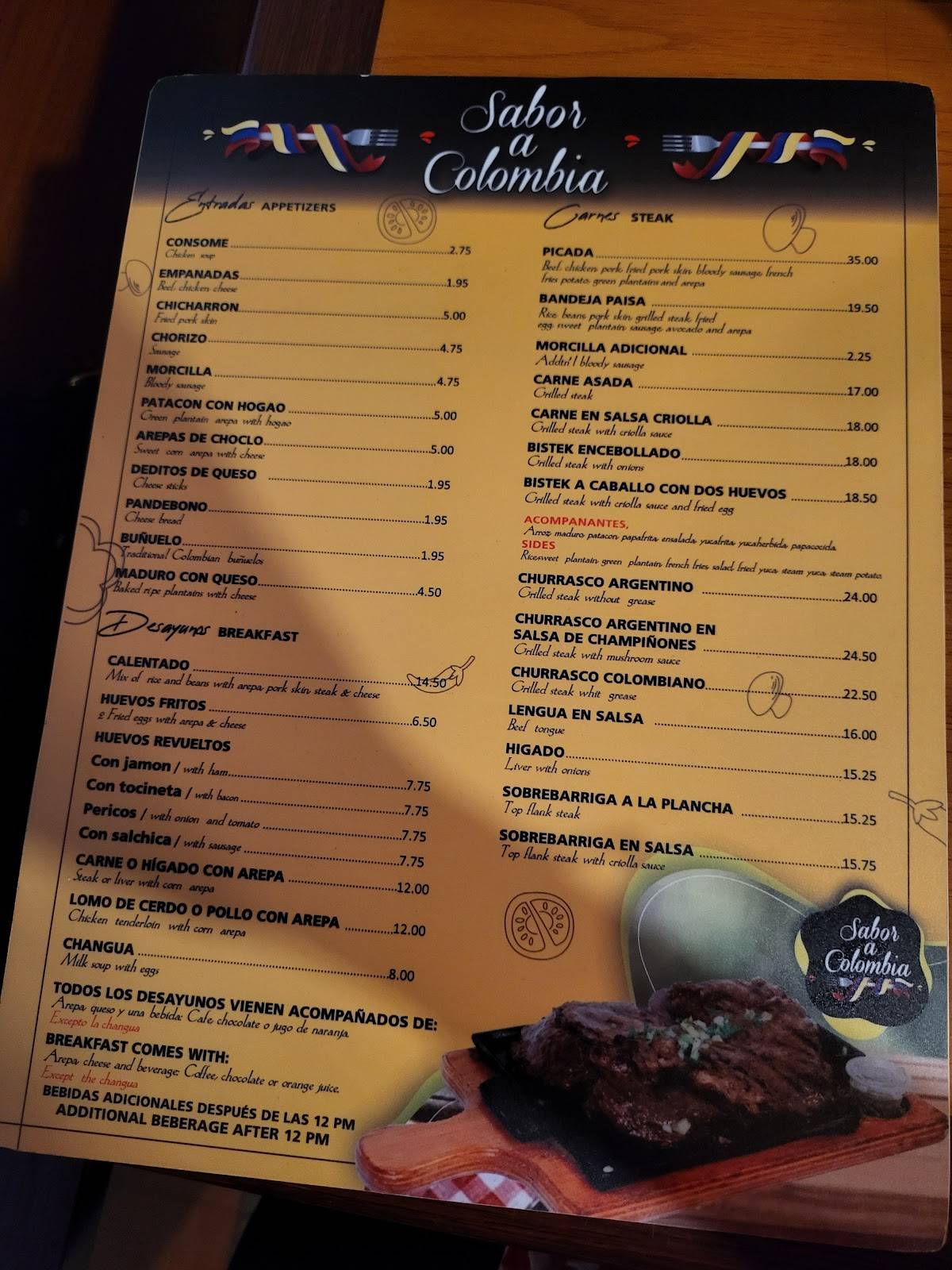 Menu at Sabor a Colombia restaurant, Miami, Fontainebleau Blvd