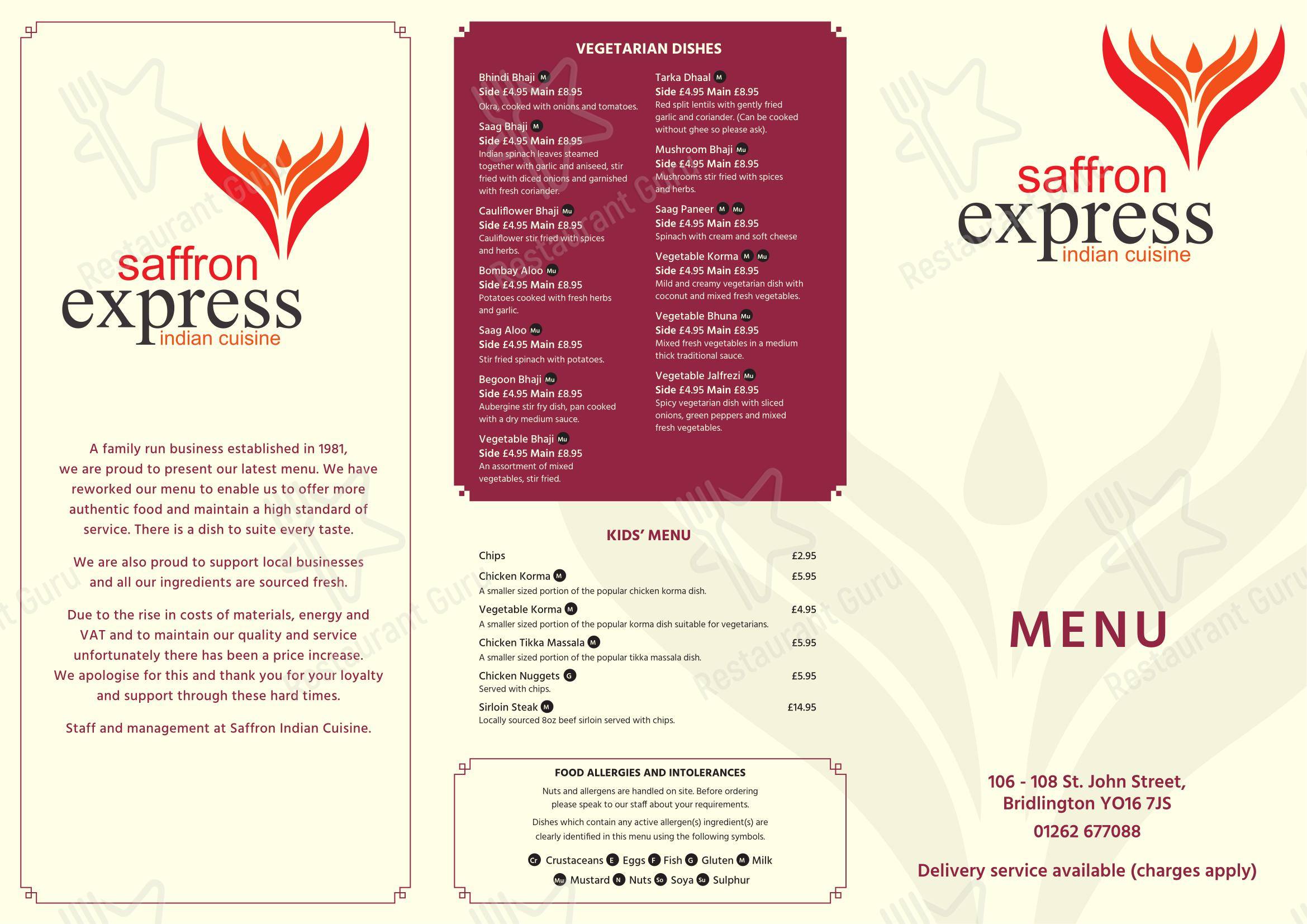 Menu at Saffron fast food, Bridlington