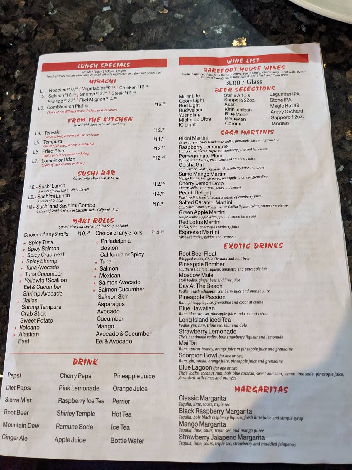 Menu at Saga Steakhouse & Sushi Bar, Pittsburgh, Settlers Ridge Center Dr