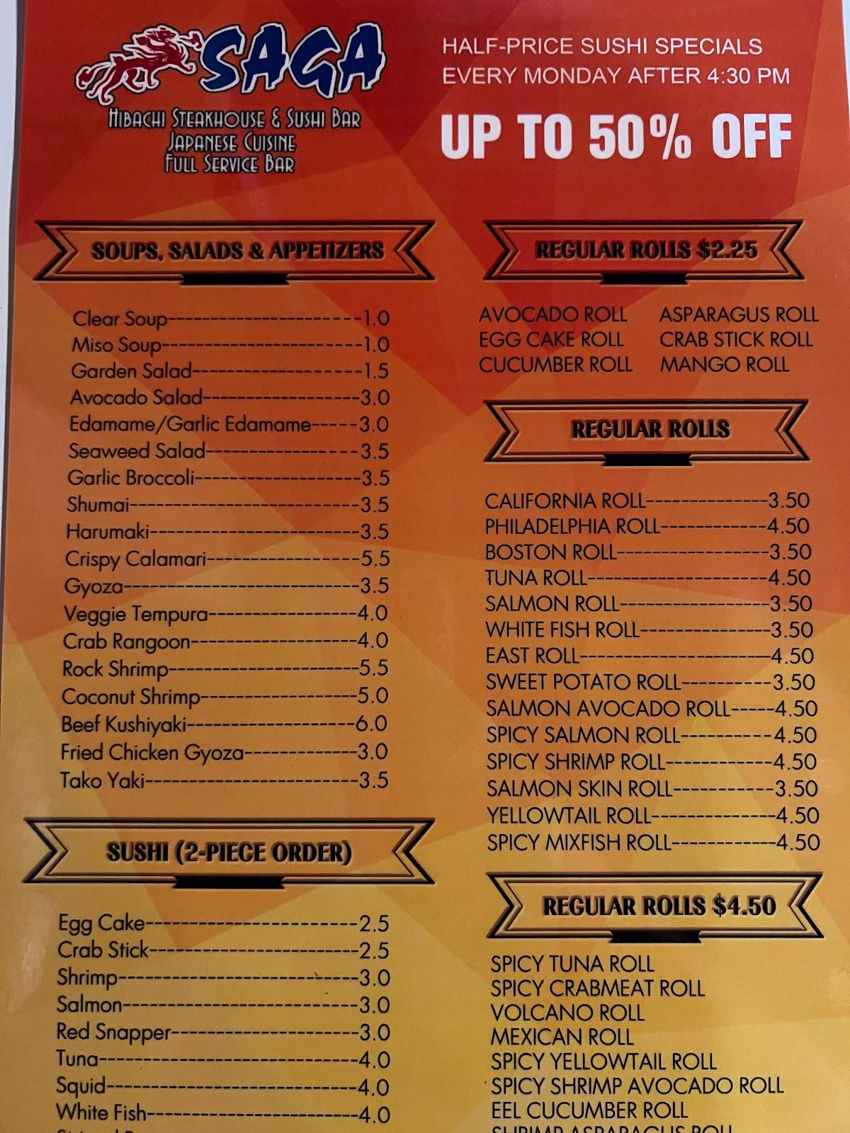 Menu at Saga Steakhouse & Sushi Bar, Pittsburgh, Settlers Ridge Center Dr