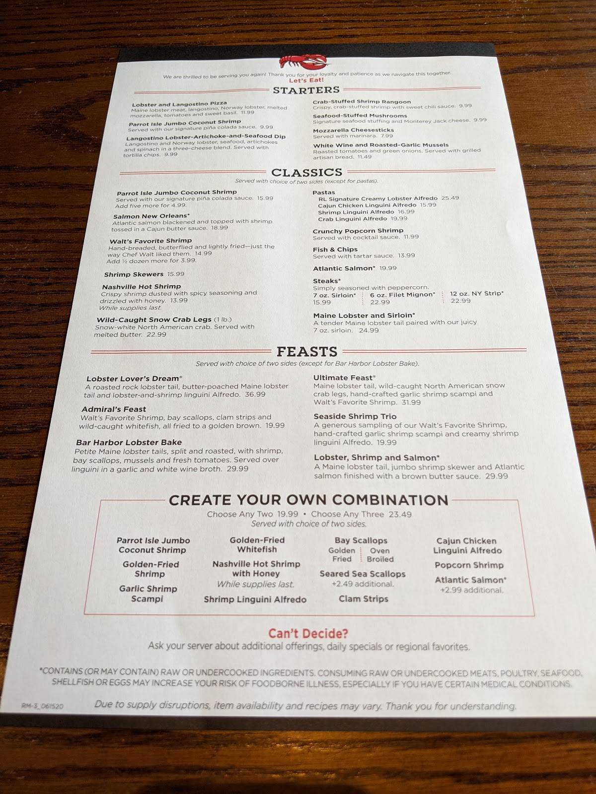Menu at Red Lobster restaurant, Saginaw