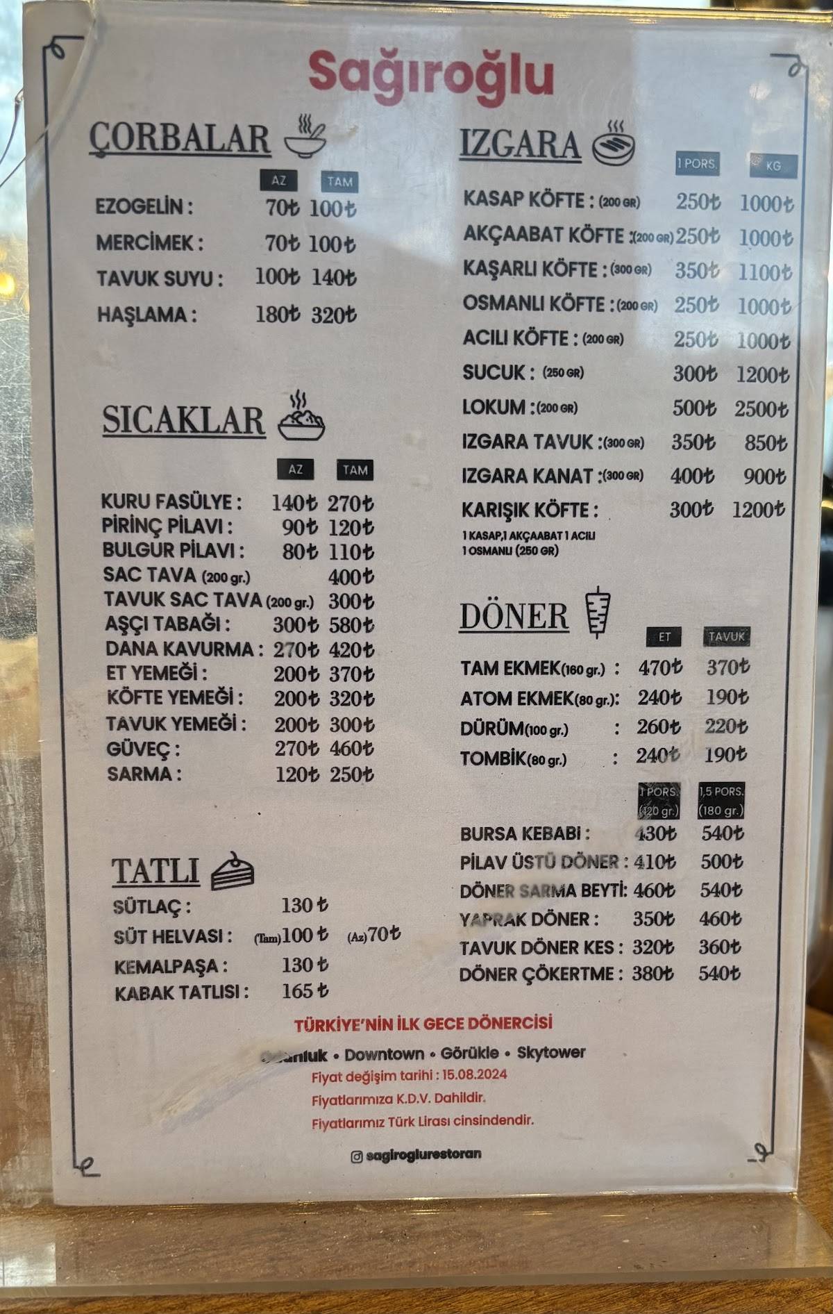 Menu at Sağıroğlu Restoran Bursa Gece Dönercisi, Bursa
