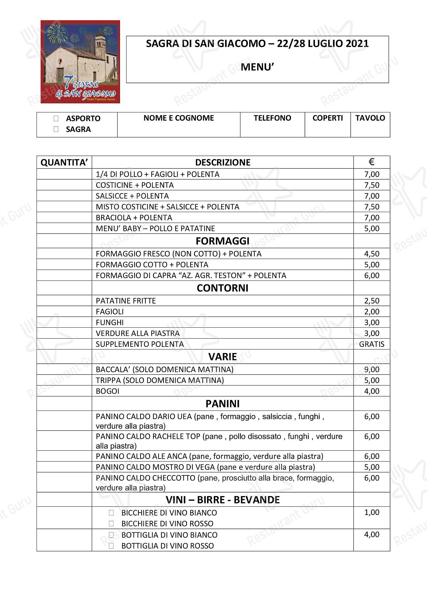 Menu da Sagra Di San Giacomo ristorante, Roncade