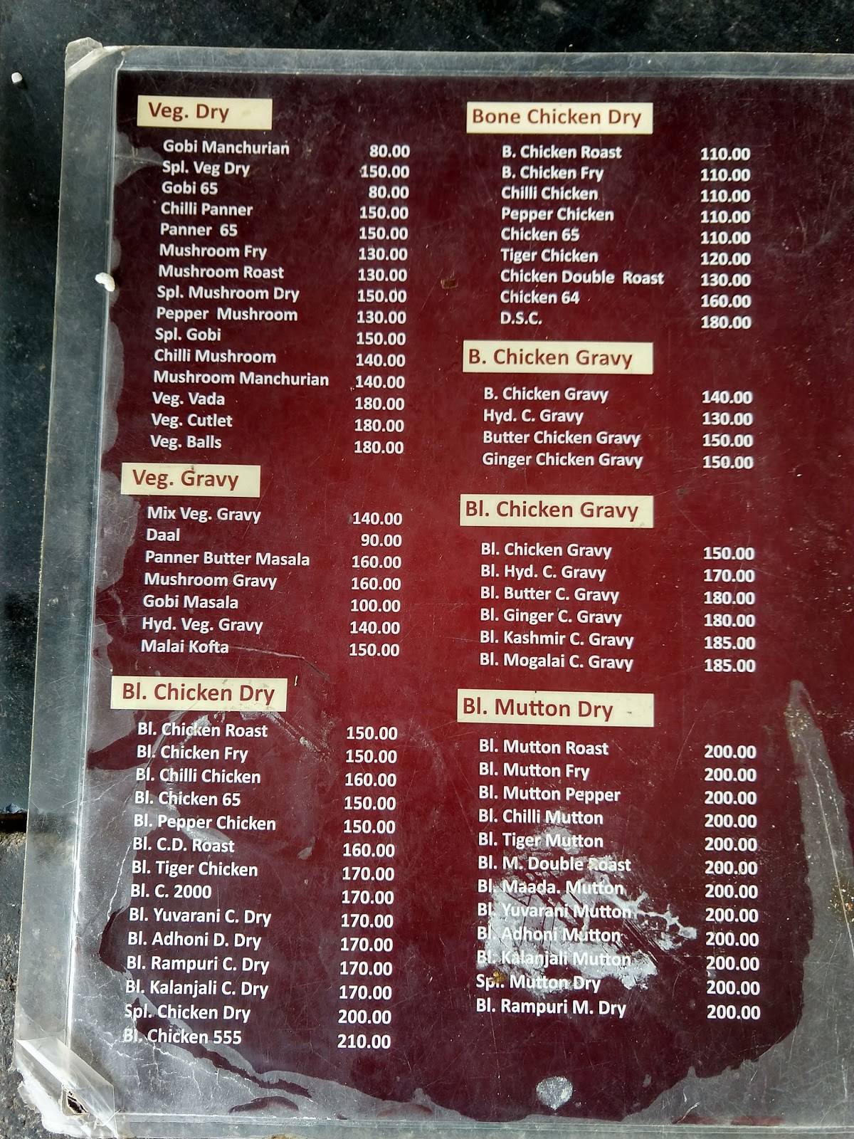 Menu at Sai Rohith Dhaba Centre, Tirupati