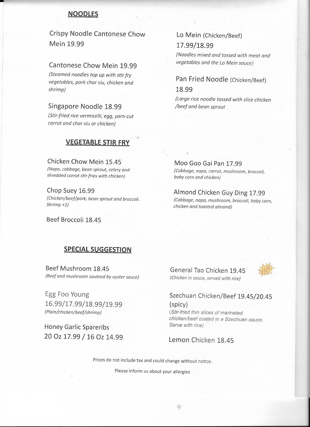 Menu at Saigon House restaurant, Moncton