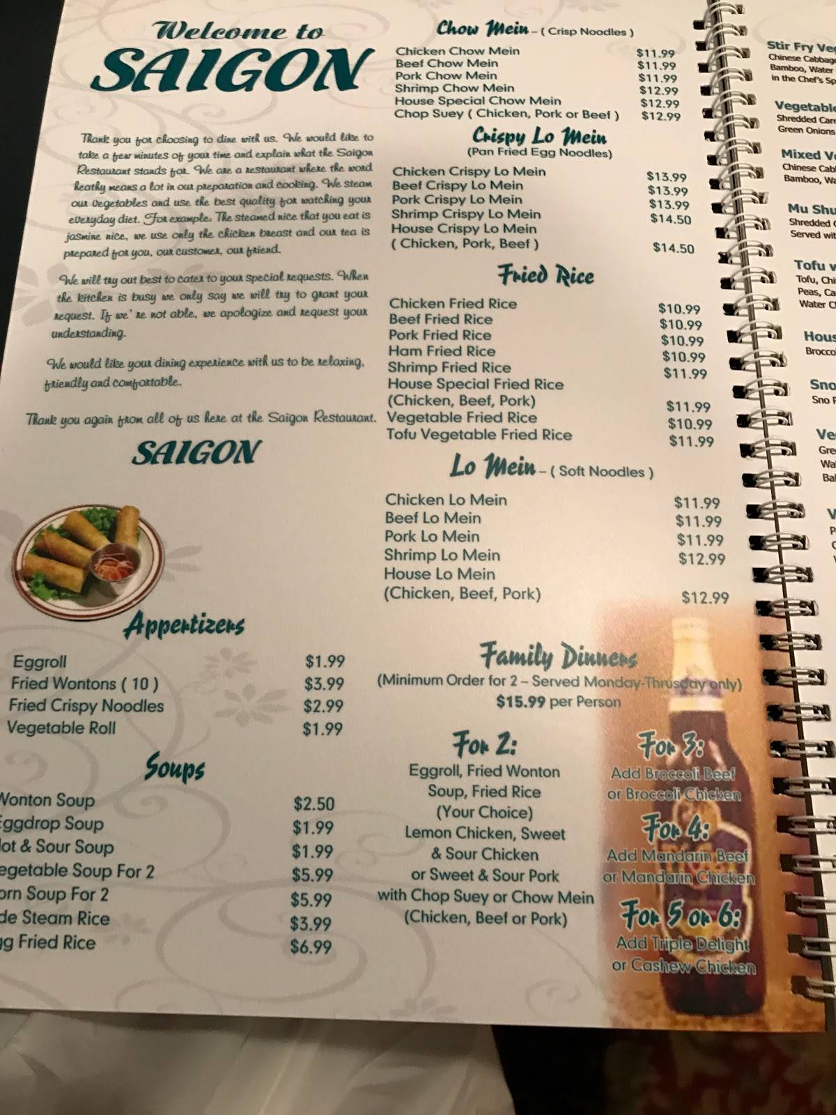 Menu at Saigon restaurant, Rapid City
