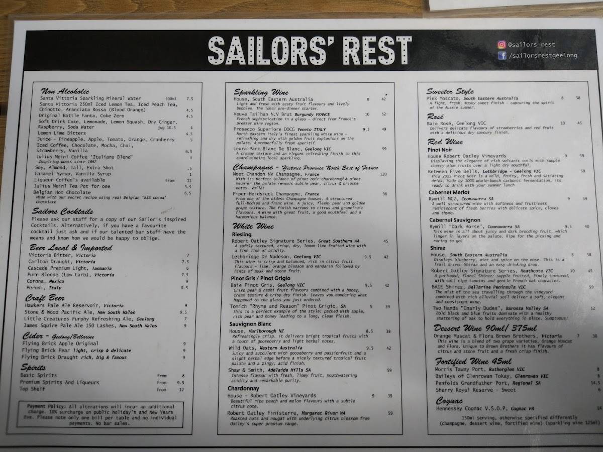 Menu at Sailors' Rest restaurant, Geelong