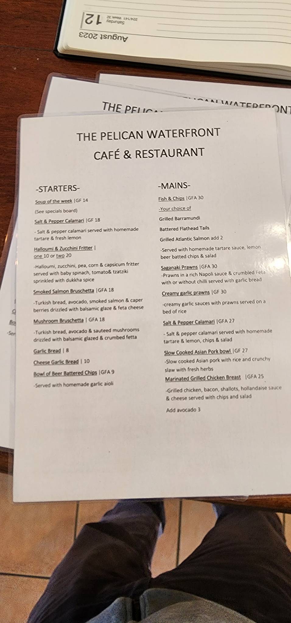 Menu at The Pelican Waterfront Cafe & Restaurant, Saint Georges Basin