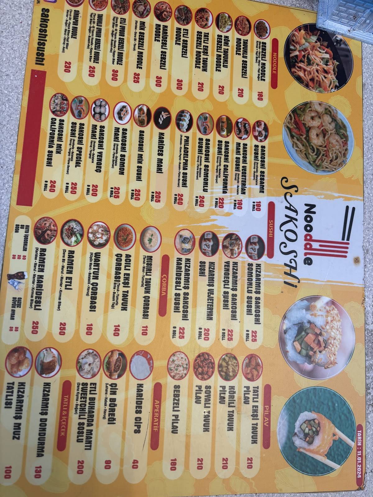 Menu at Sakoshi Noodle, Izmir