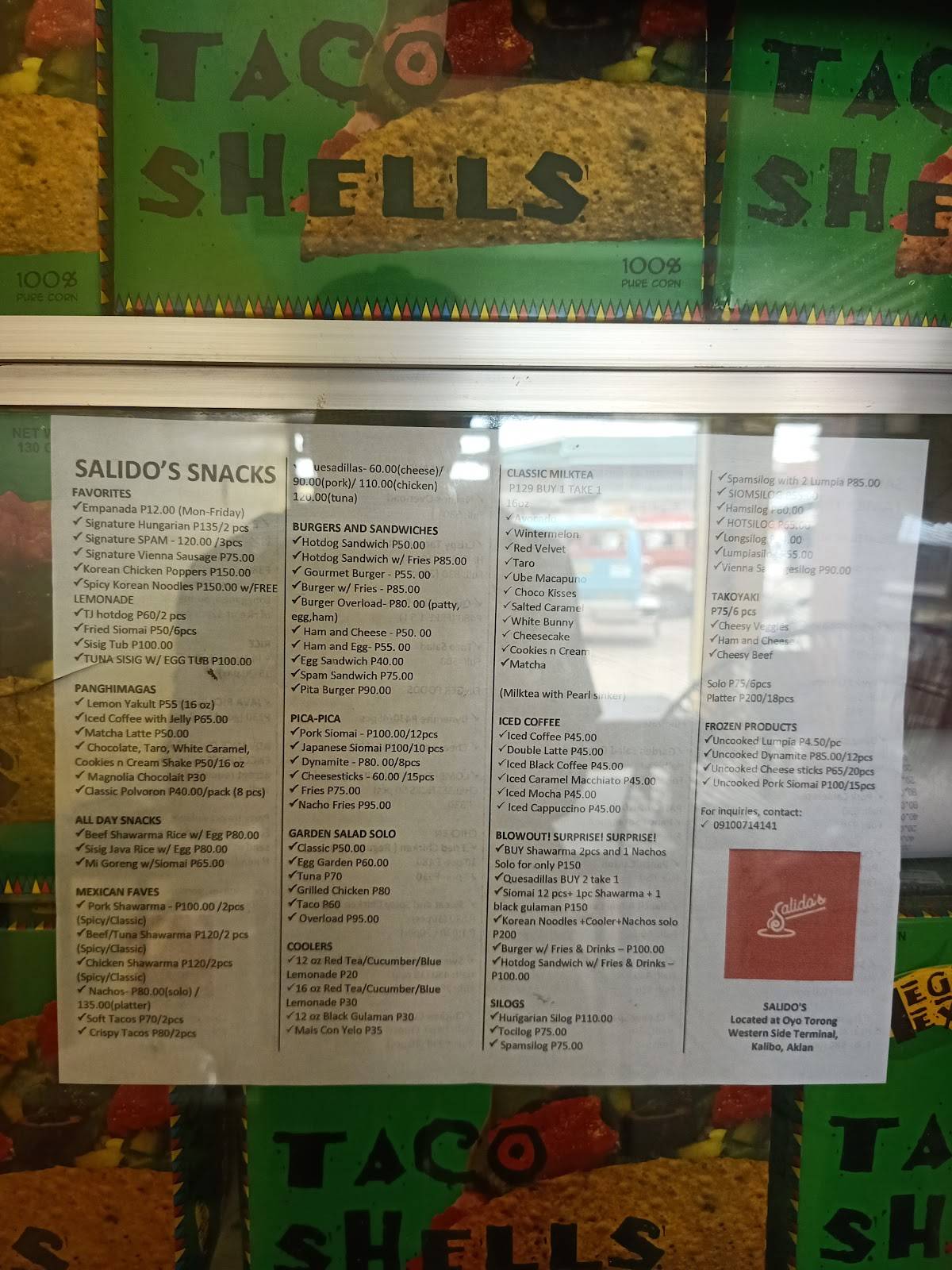 Menu at Salido's restaurant, Kalibo