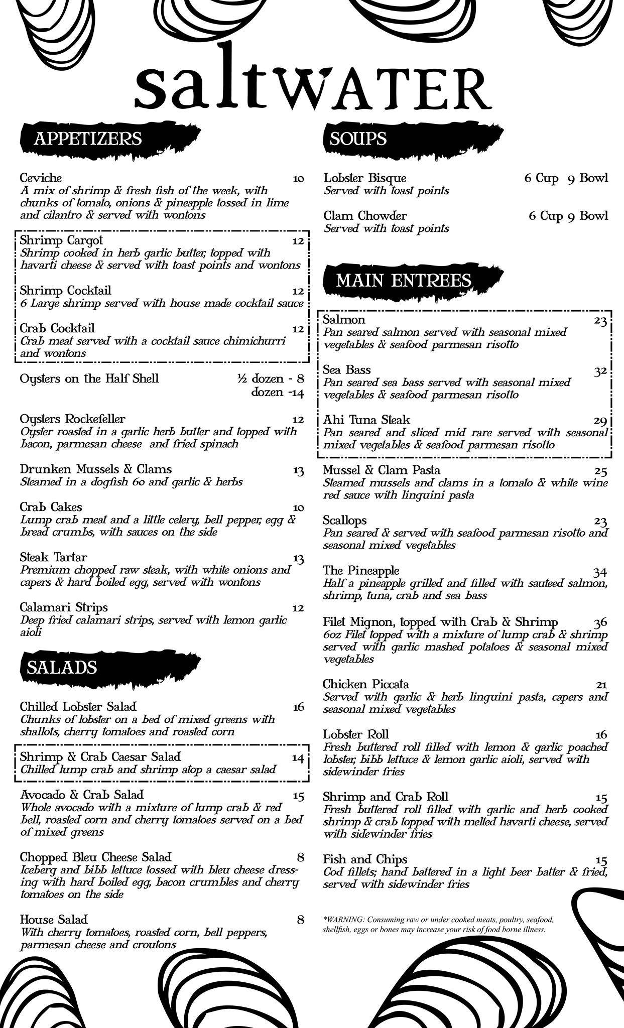 Menu at SALT Seafood & Steak House restaurant, Weatherford