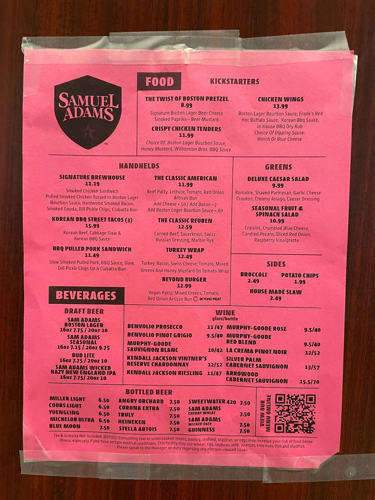 Menu at Sam Adams Atlanta Brew House pub & bar, Atlanta, Hartsfield ...