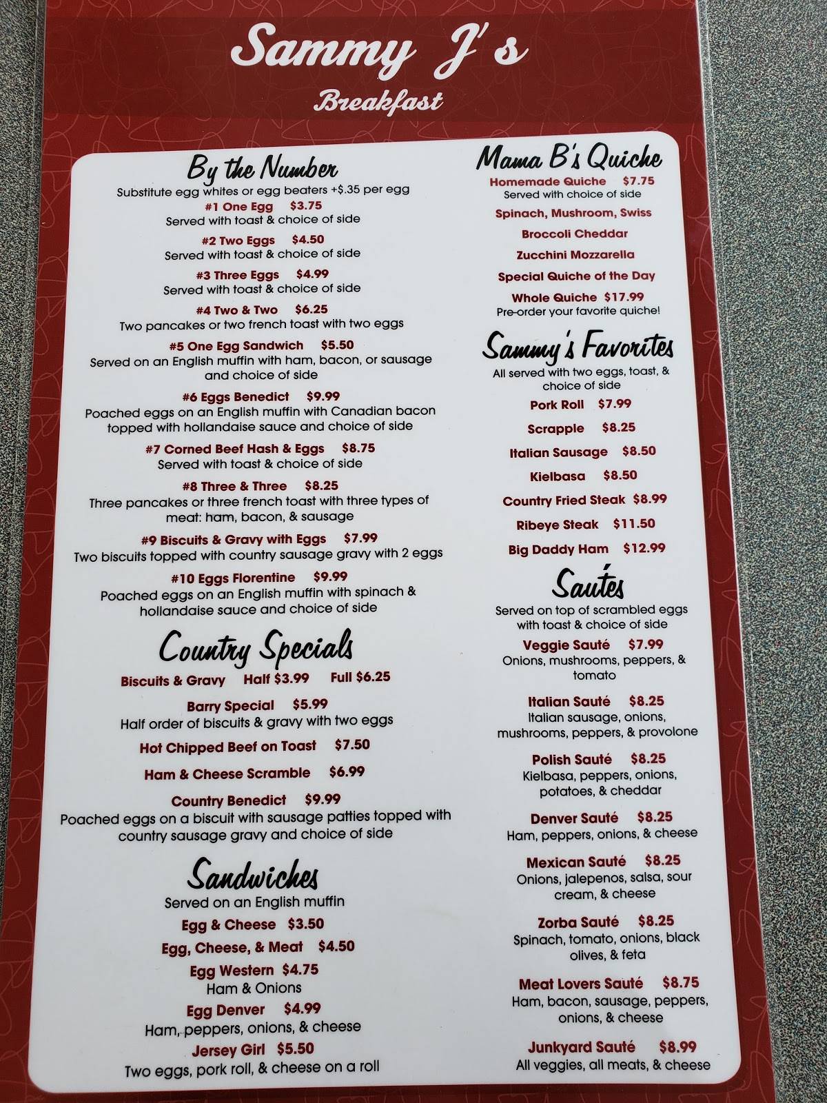 Menu at Sammy J's restaurant, Stuart