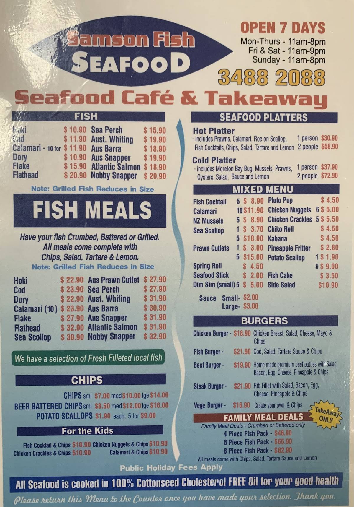 Menu at Samson Fish Seafood restaurant, Cleveland