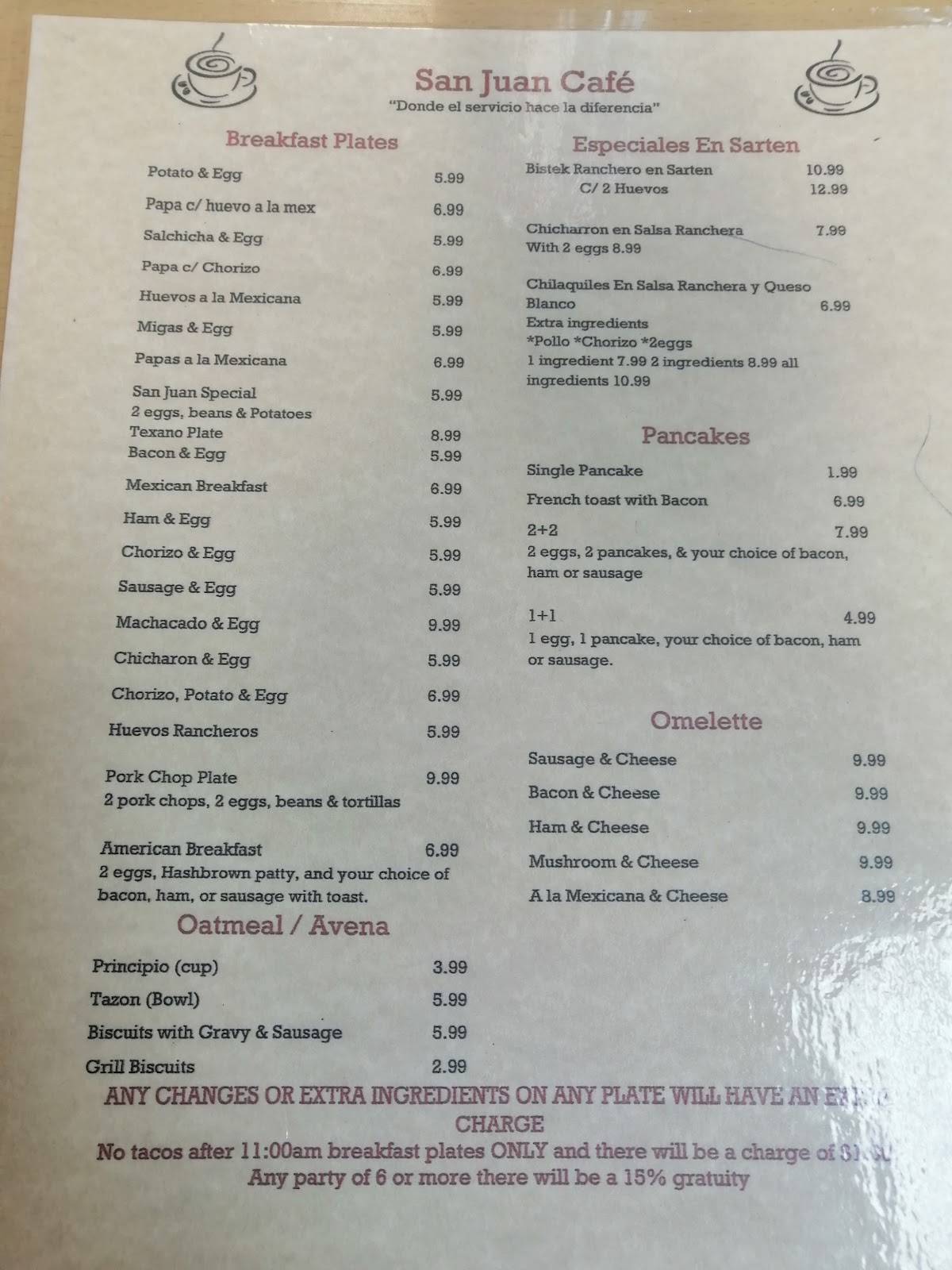 Menu at San Juan Cafe, San Juan